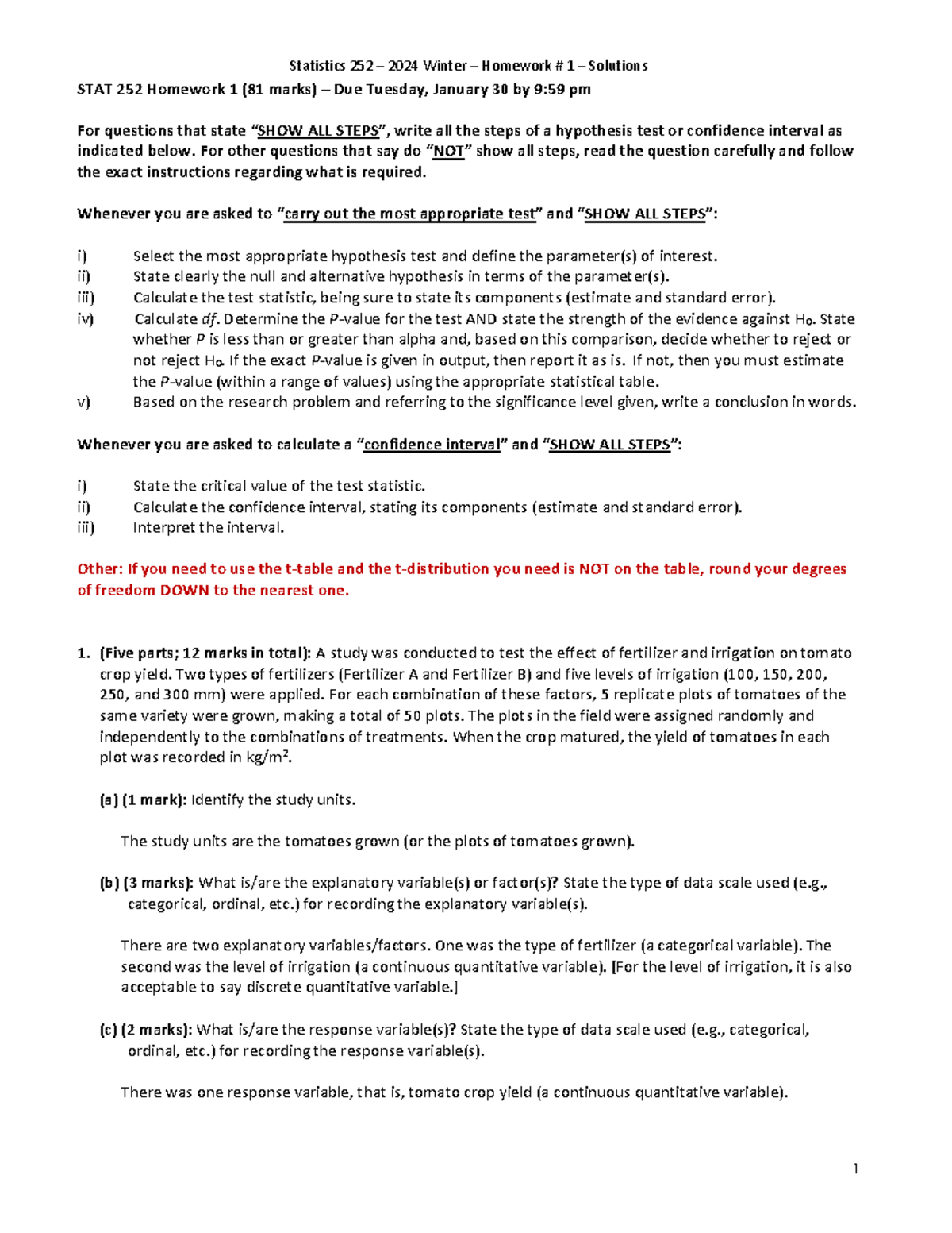Stat 252 Hw1 Sol Homework Assignment 1 Stat 252 Homework 1 81