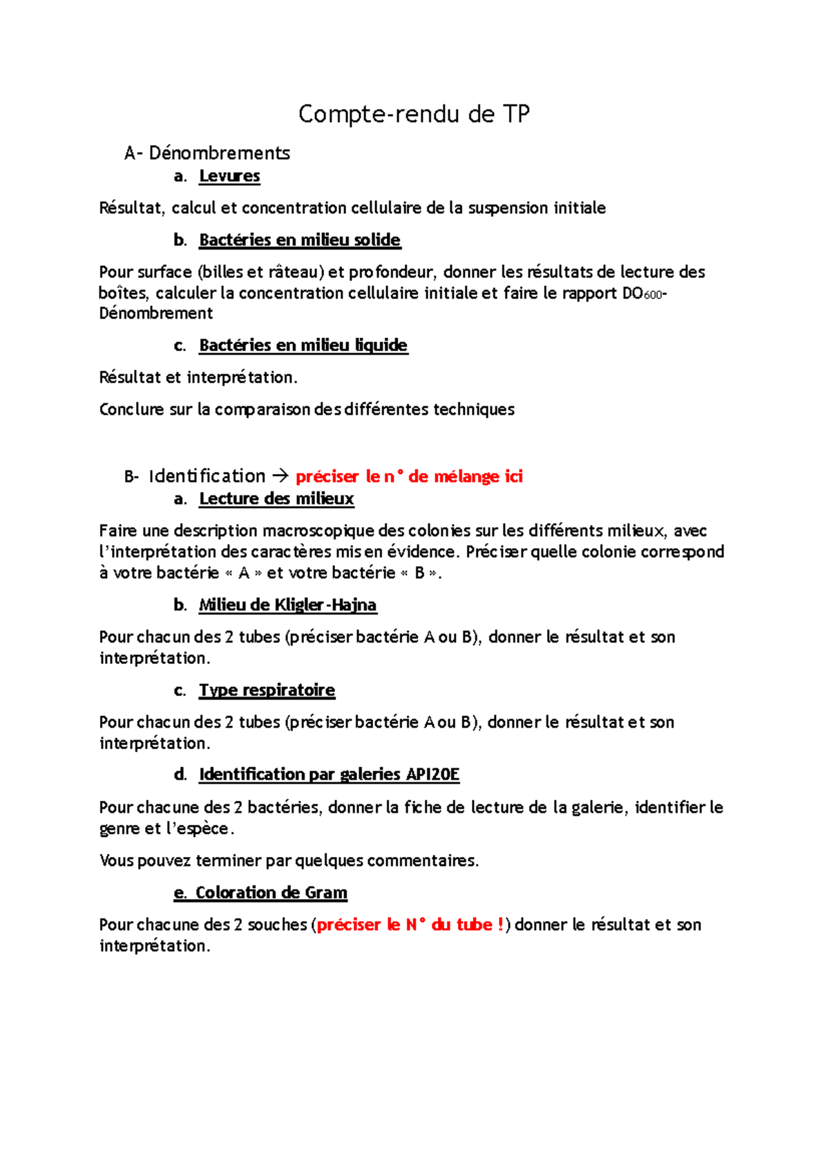 Consignes Compte rendu - Compte-rendu de TP A- Dénombrements a. Levures Résultat, calcul et ...