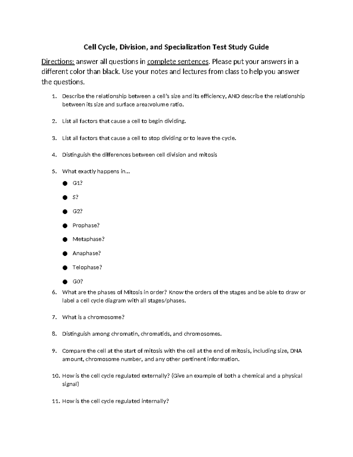 Cell Cycle Test Study Guide - Cell Cycle, Division, and Specialization ...