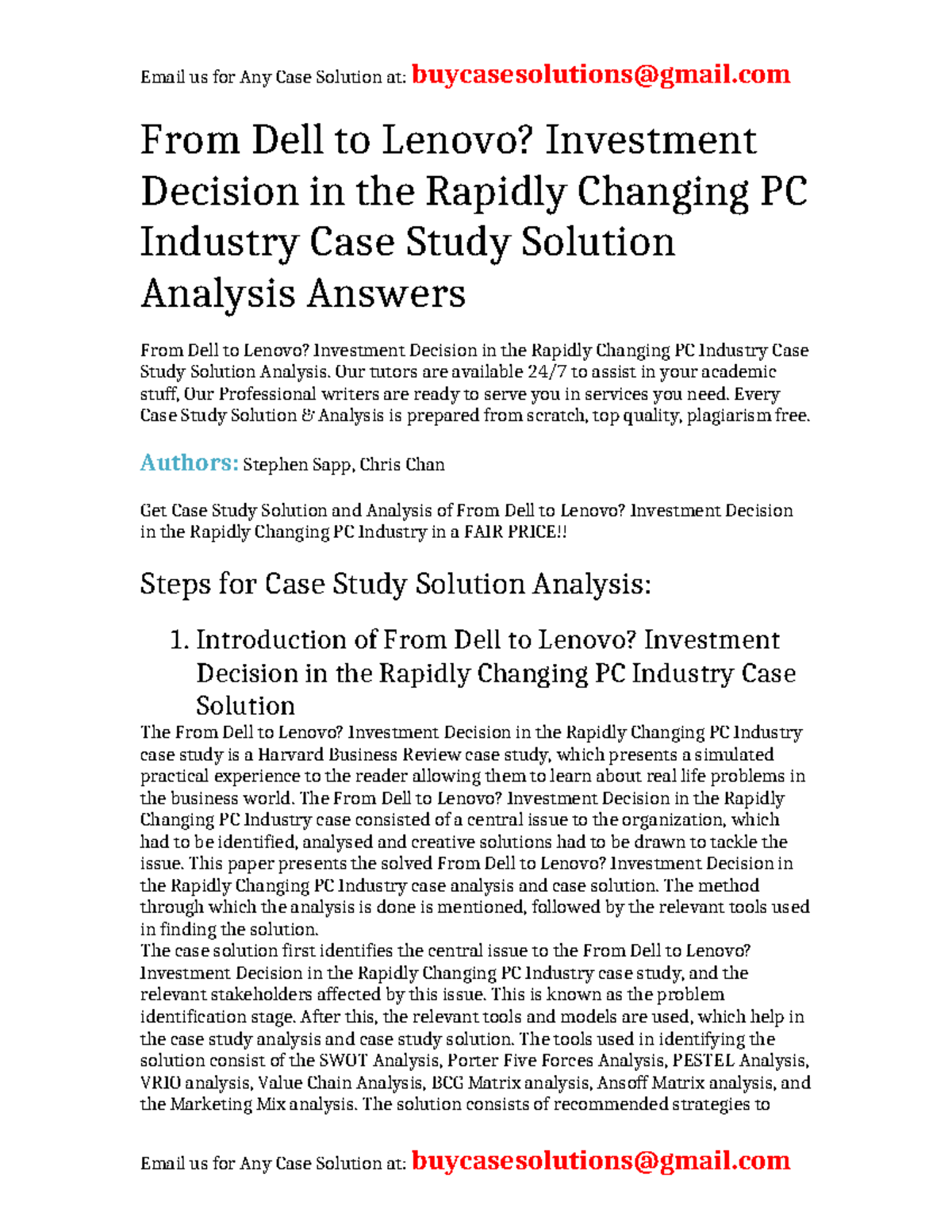 Case Solution From Dell to Lenovo Investment Decision in the Rapidly ...