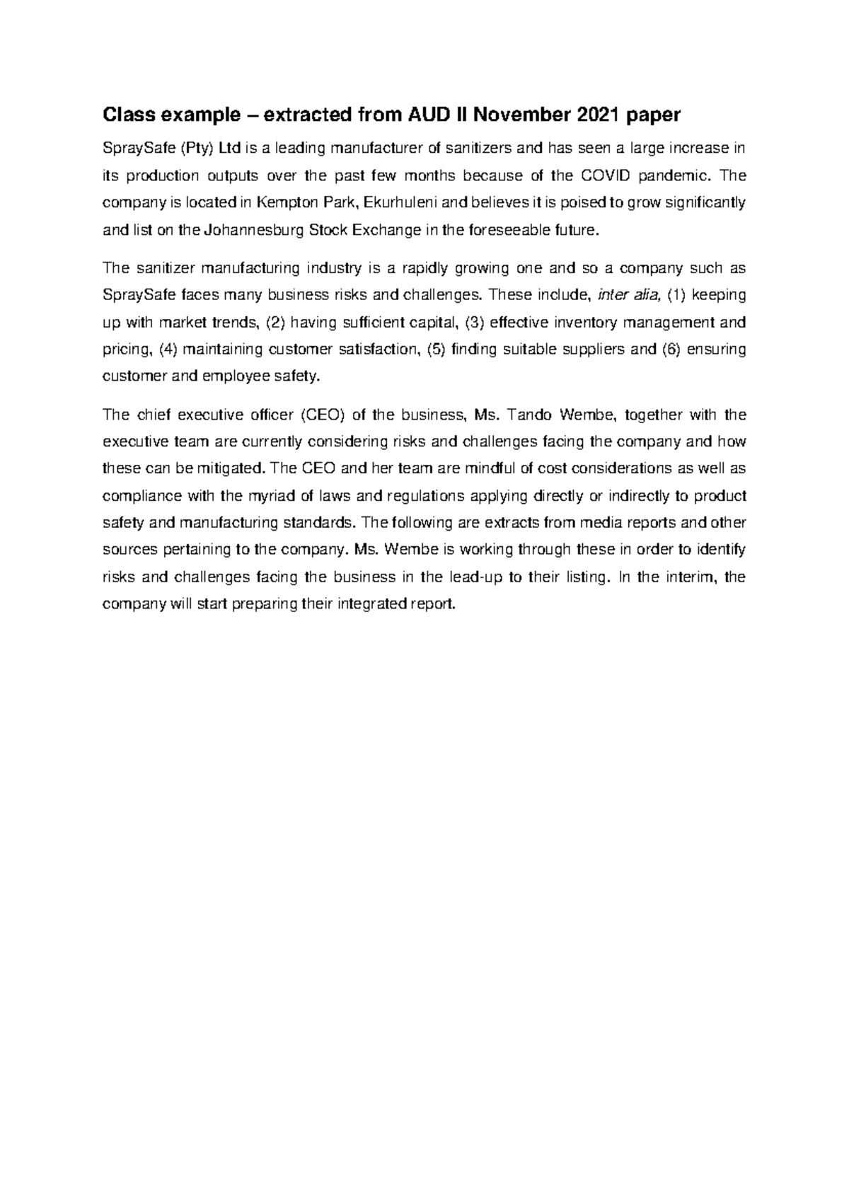 Class example 1 Question and solution - Class example – extracted from AUD II November 2021 ...