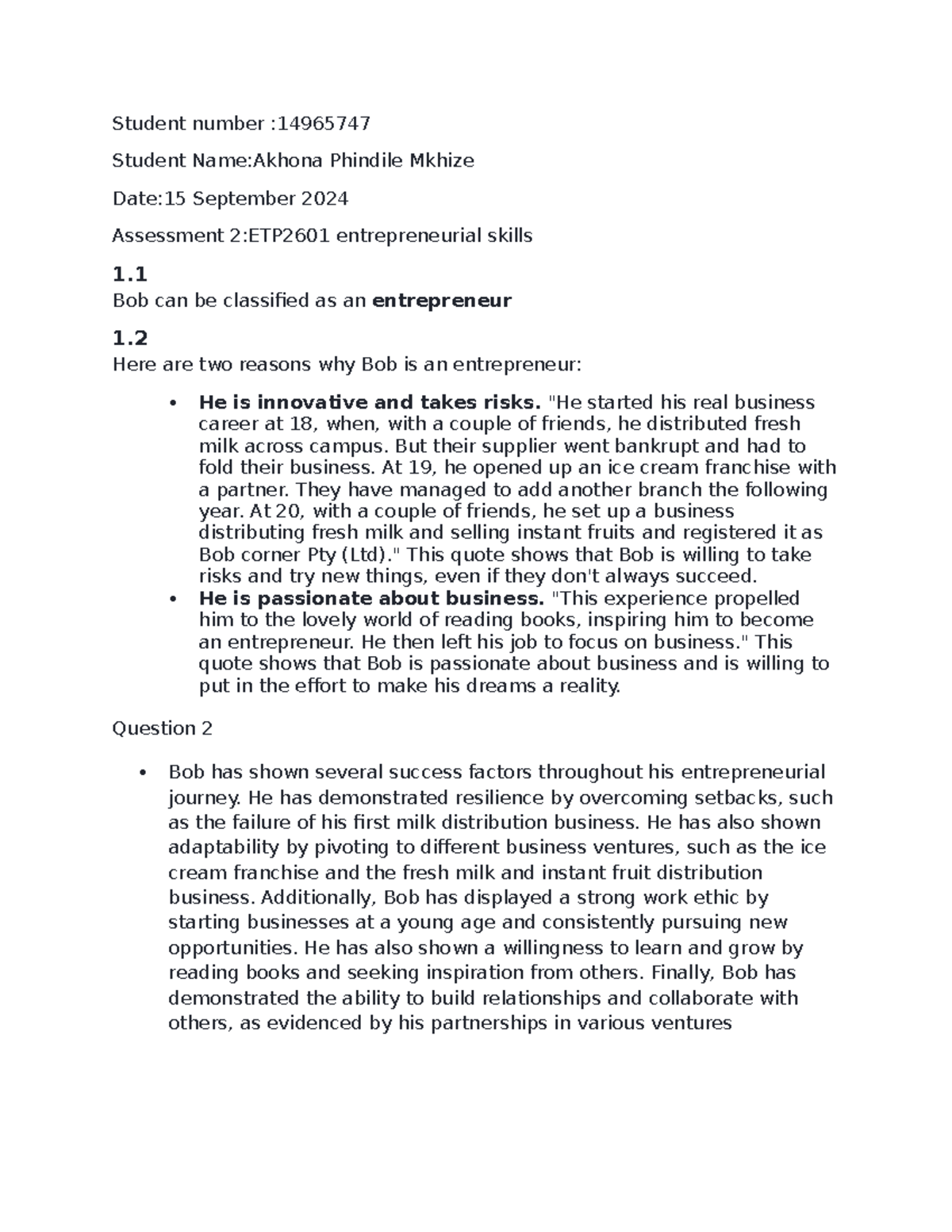 Doc 3 - Plz help with my assessment - Student number : Student Name ...