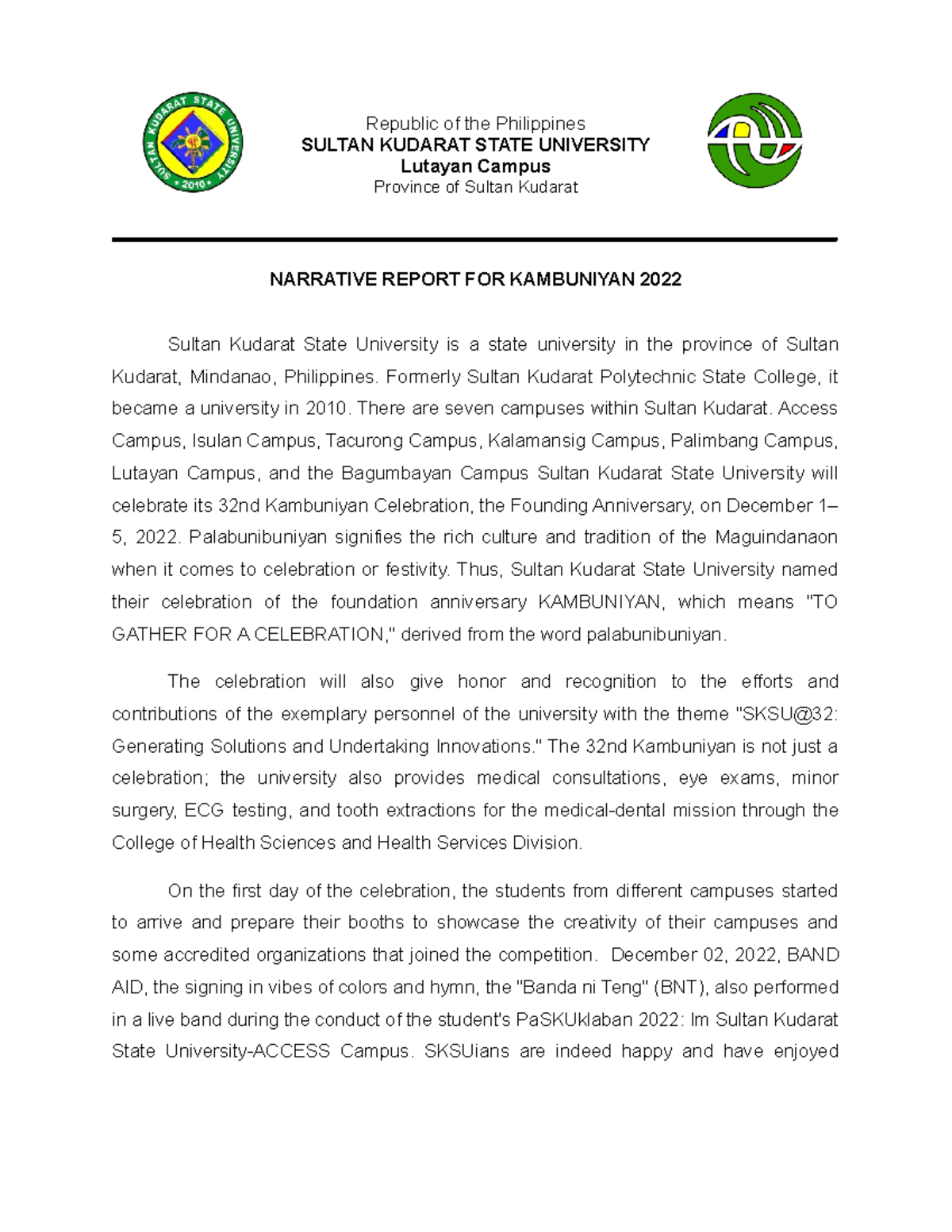 Kambuniyan- Narrative- Report - Republic of the Philippines SULTAN ...
