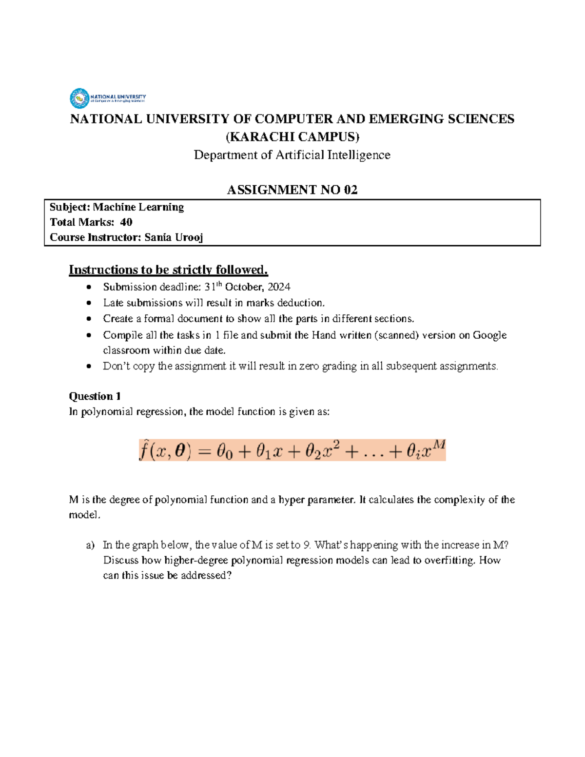 Ml Assignment 2b National University Of Computer And Emerging