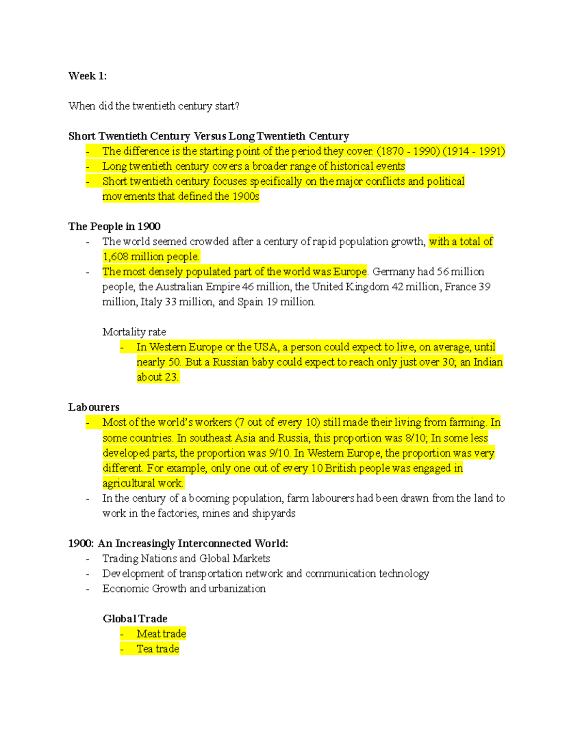 History mid term study guide - Week 1: When did the twentieth century ...