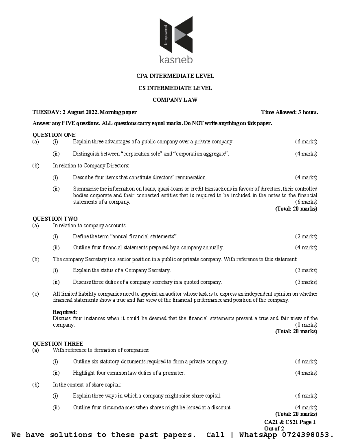 CL 2015 - Aug 2022 Past Papers - CA21 & CS21 Page 1 Out of 2 CPA ...