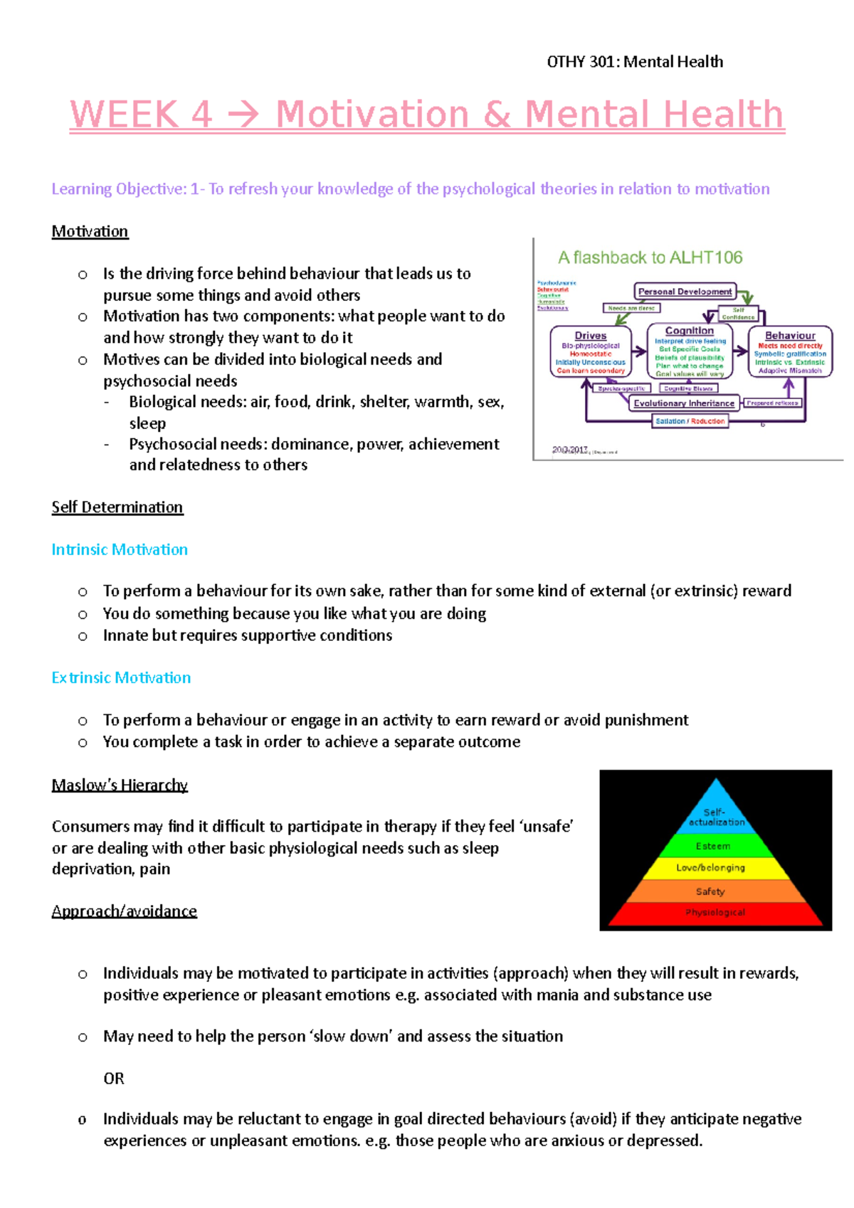 WEEK 4 - OTHY 301: Mental Health WEEK 4 Motivation Mental Health ...