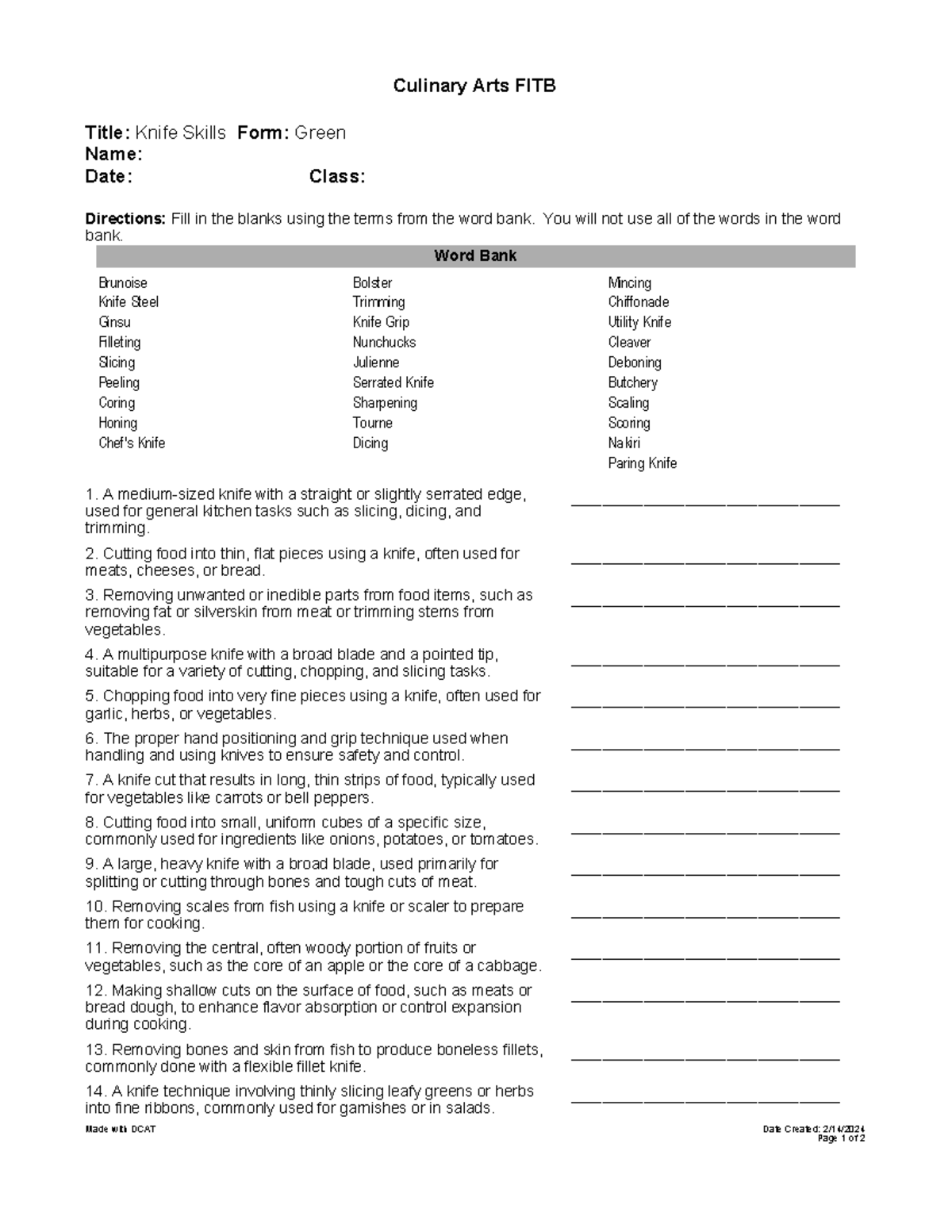 Knife Fill In the Blanks - Culinary Arts FITB Directions: Fill in the ...