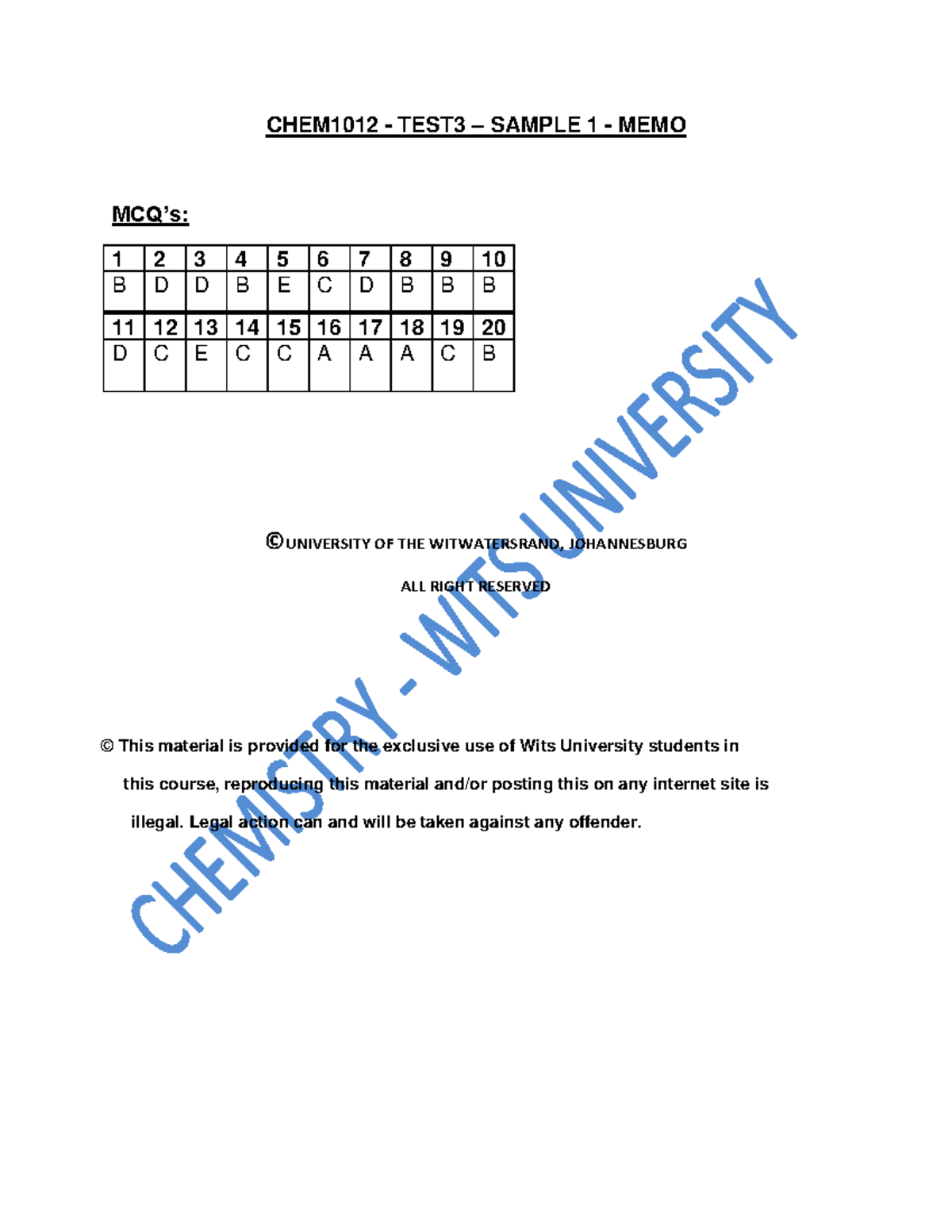 CHEM1012A T3- MEMO- Sample 1 - CHEM1012A - CHEM1012 - TEST3 – SAMPLE 1 ...