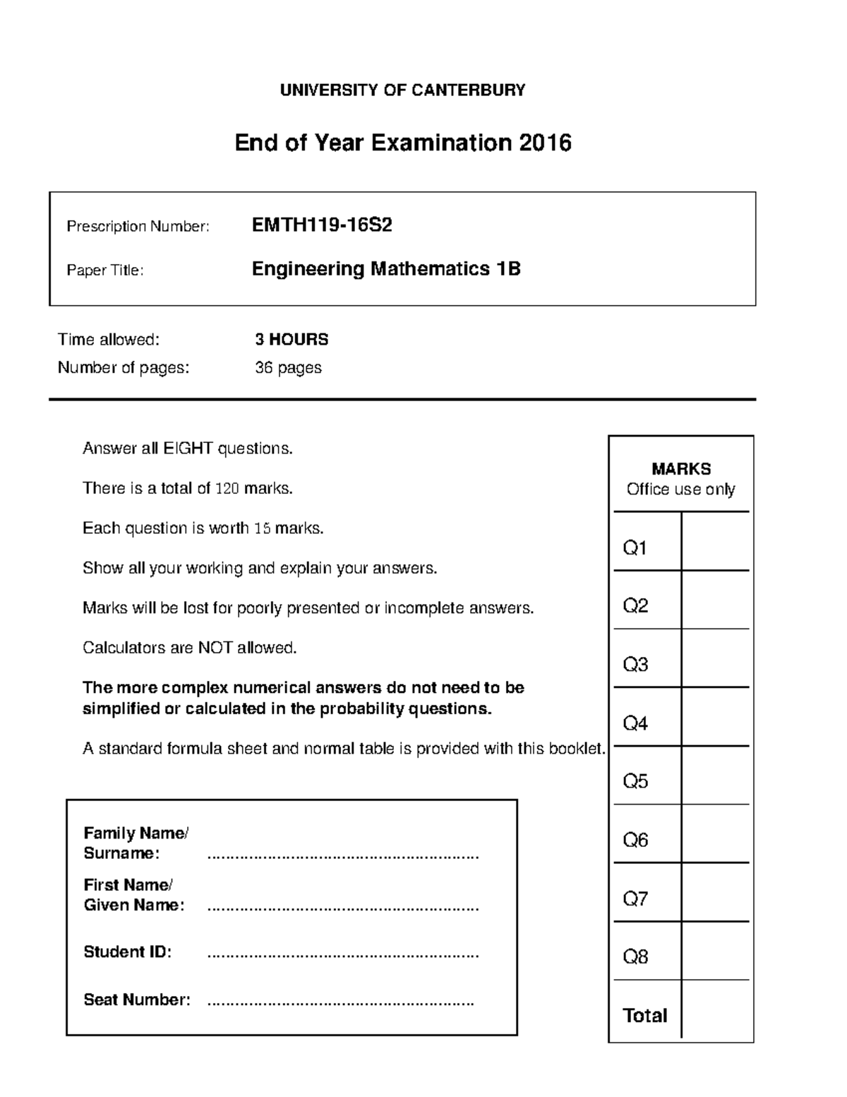 Exam emth119-16S2 final solutions - UNIVERSITY OF CANTERBURY End of ...