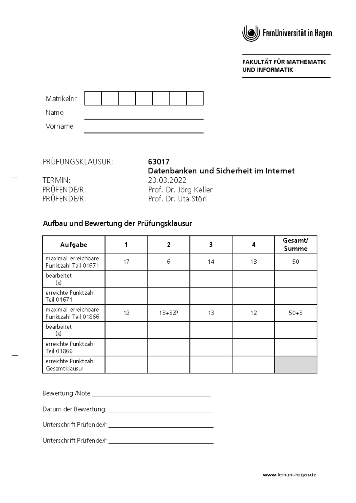 Gesamtklausur Datenbanken 1 - Sicherheit im Internet 1 WS2122 - fernuni ...