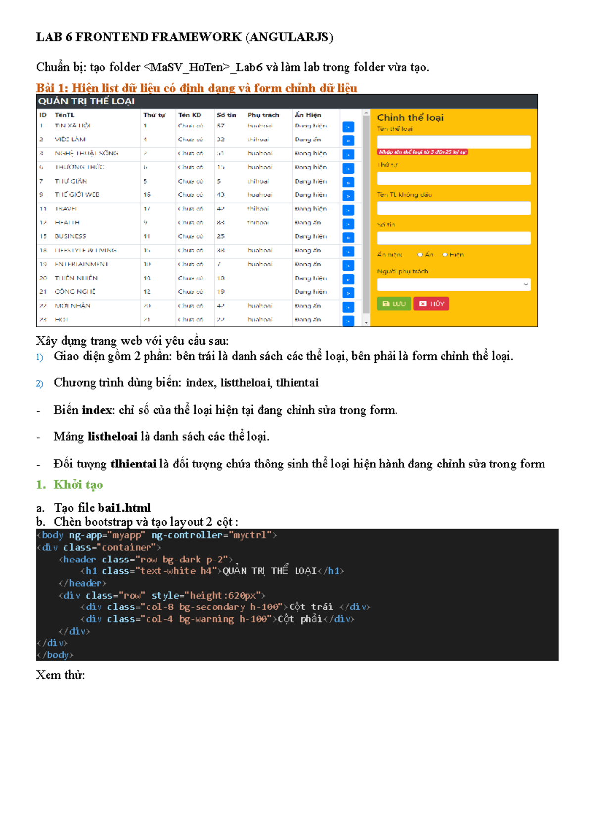 Web207-Lab6 - Front End Framework - LAB 6 FRONTEND FRAMEWORK (ANGULARJS) Chuẩn bị: tạo folder ...