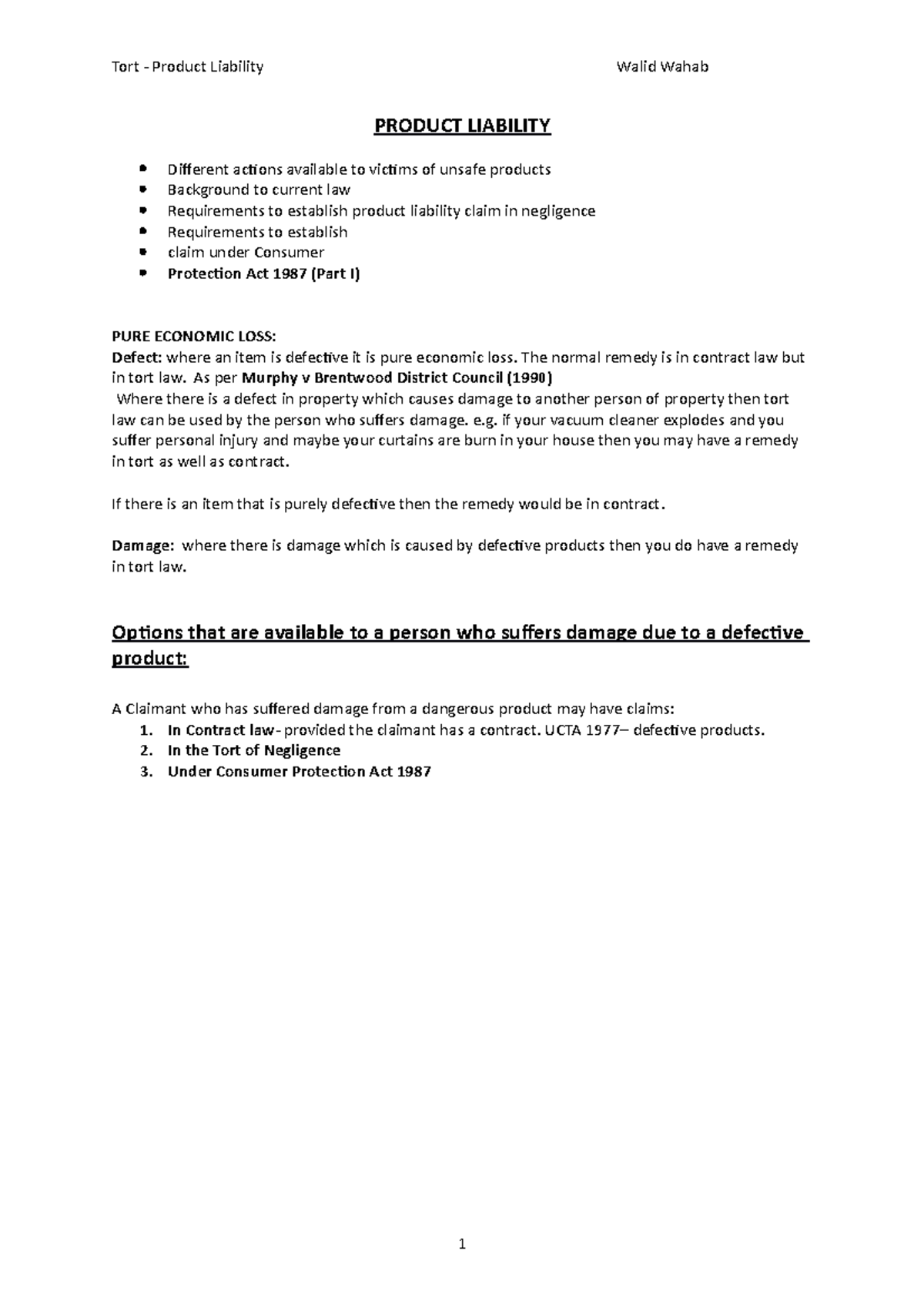 Product Liability - Summary Tort Law - PRODUCT LIABILITY · Different ...