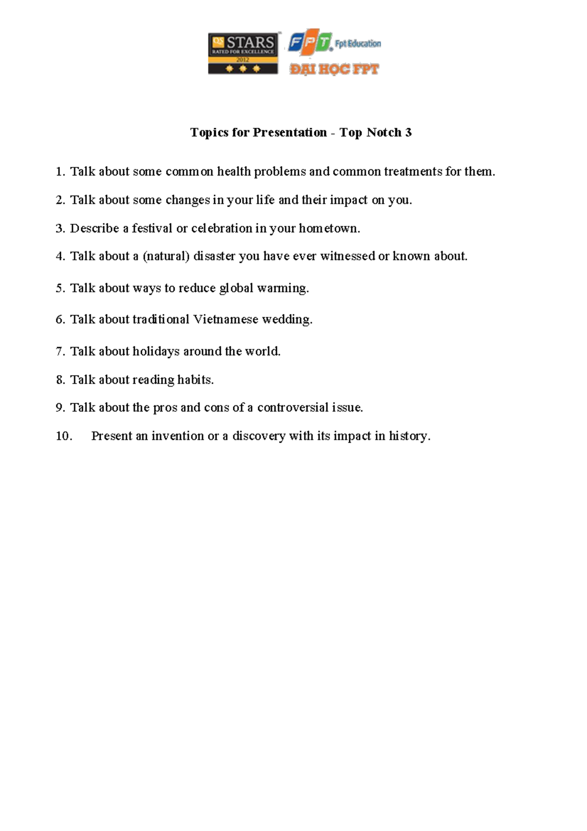 ENT303 Topics for presentation assignment - Topics for Presentation ...