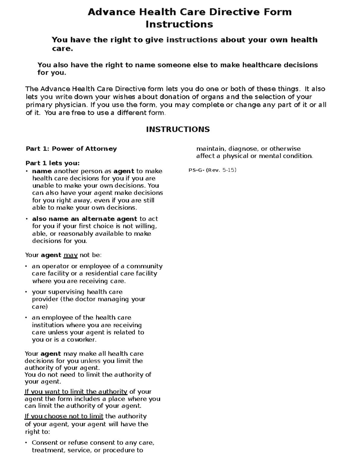 Advance Directive Form WITH Instructions ed 8 - Advance Health Care ...