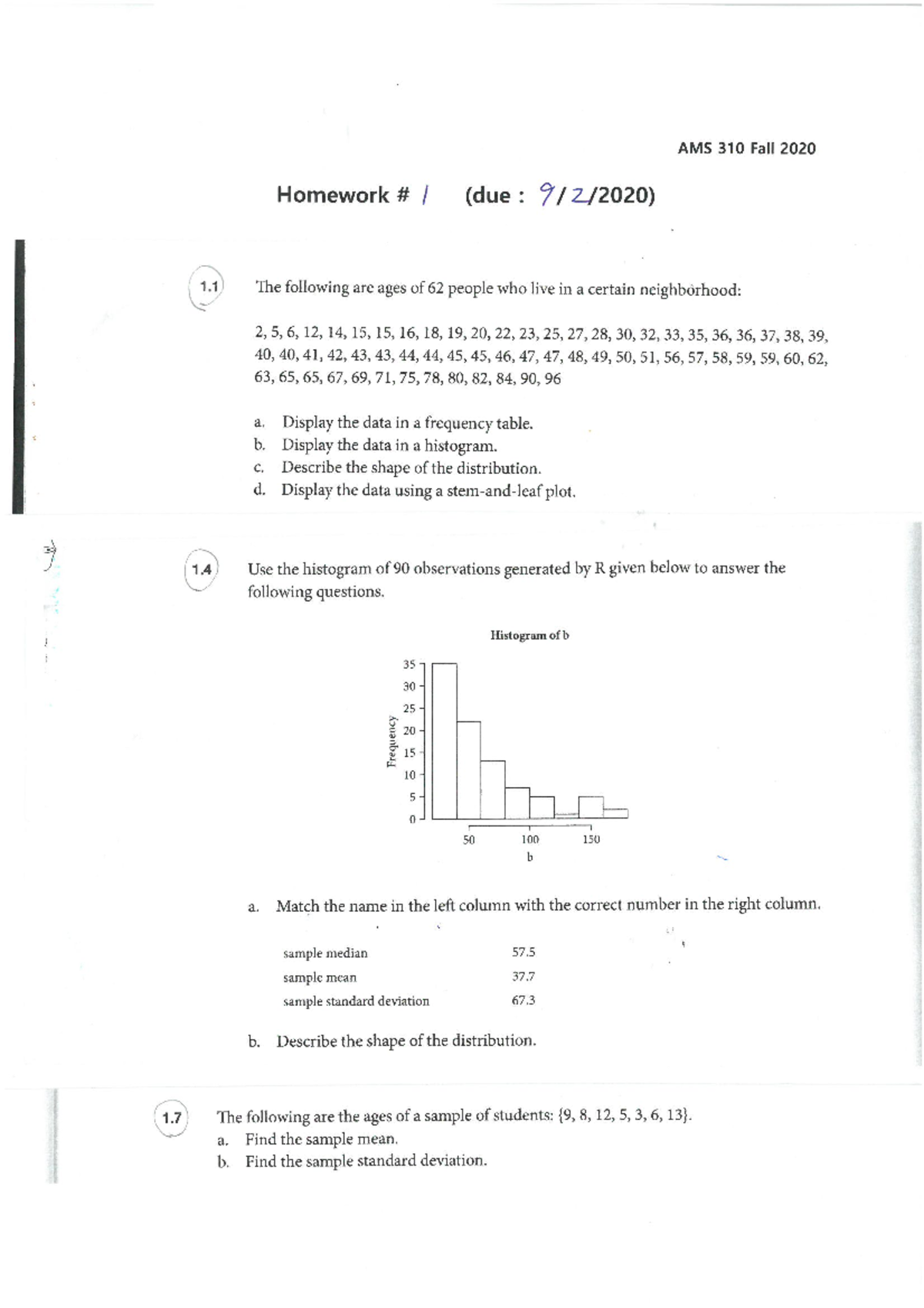 AMS310 HW1 Questions - HW1 - AMS 310 Fall 2020 Homework (due: 1) The ...