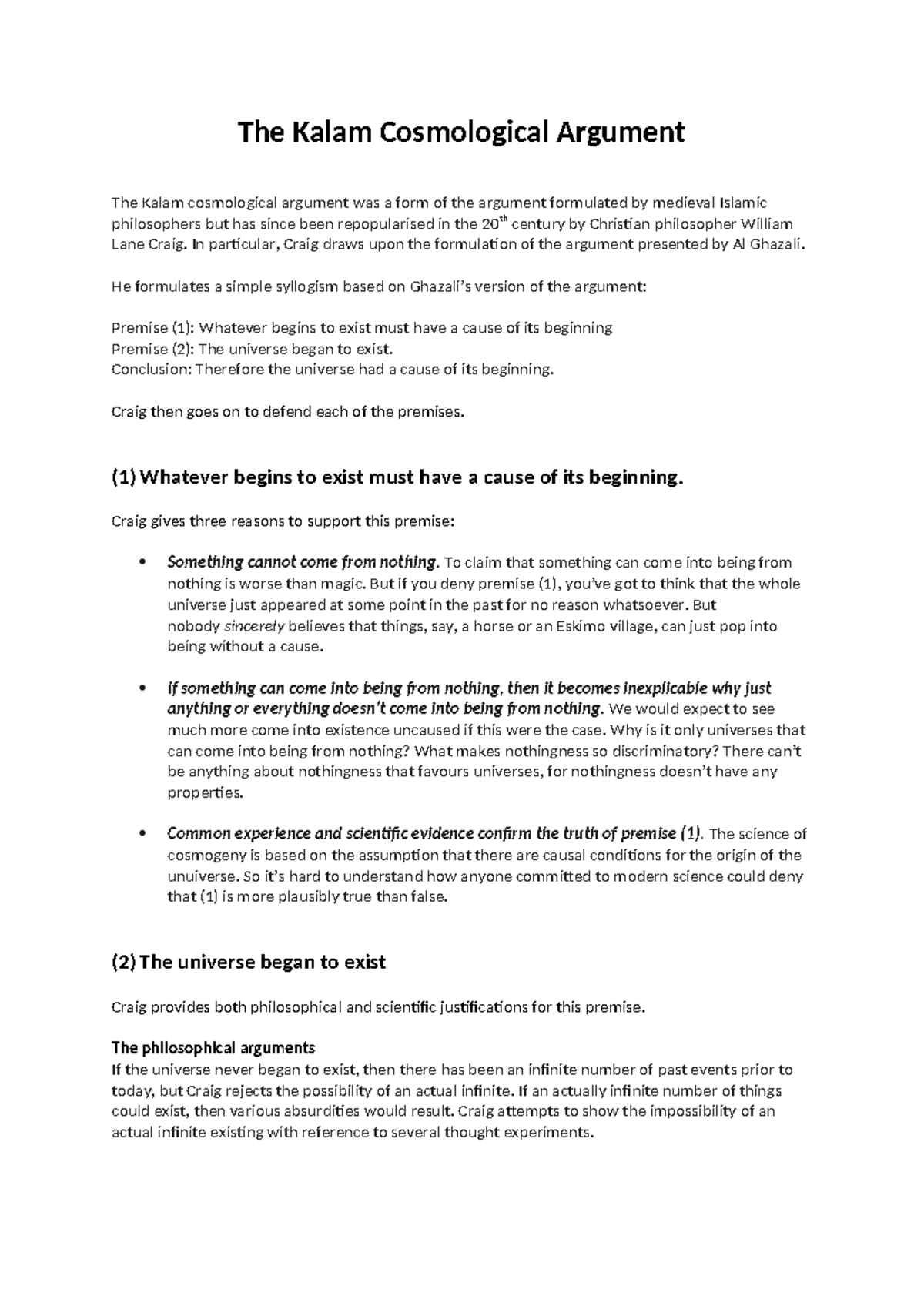 Kalam Cosmological Argument - info sheet - The Kalam Cosmological ...