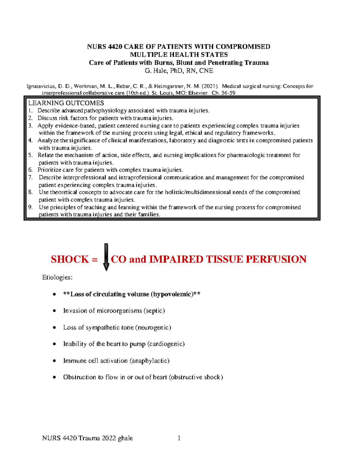 Trauma - NURS 4420 CARE OF PATIENTS WITH COMPROMISED MULTIPLE HEALTH ...