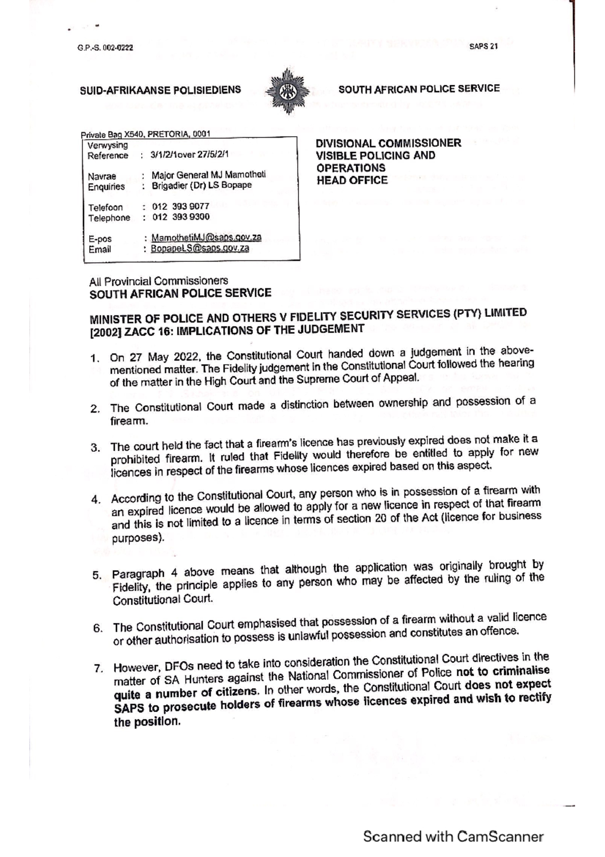 SAPS Directives Minister OF Police V Fidelity Security Application ...