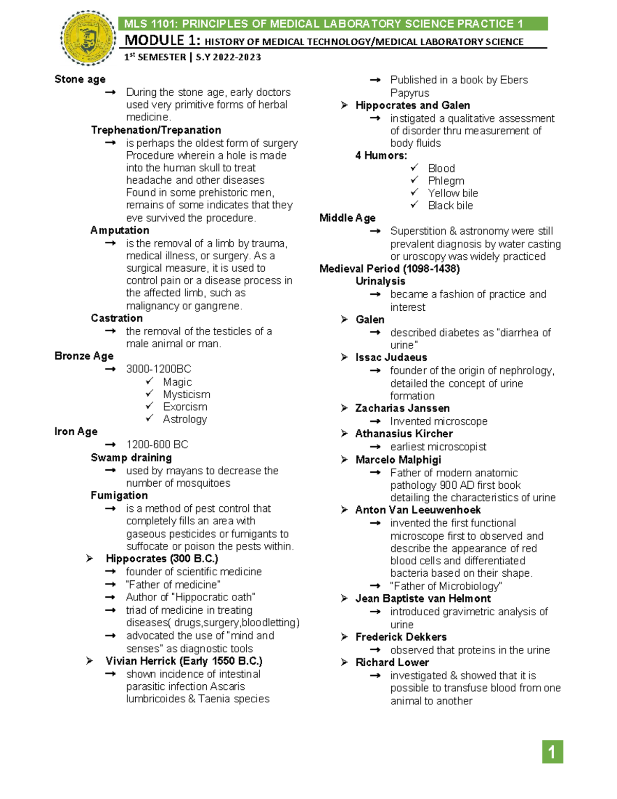 MLS 1101 Module 1-4 - transes - MLS 1101: PRINCIPLES OF MEDICAL ...