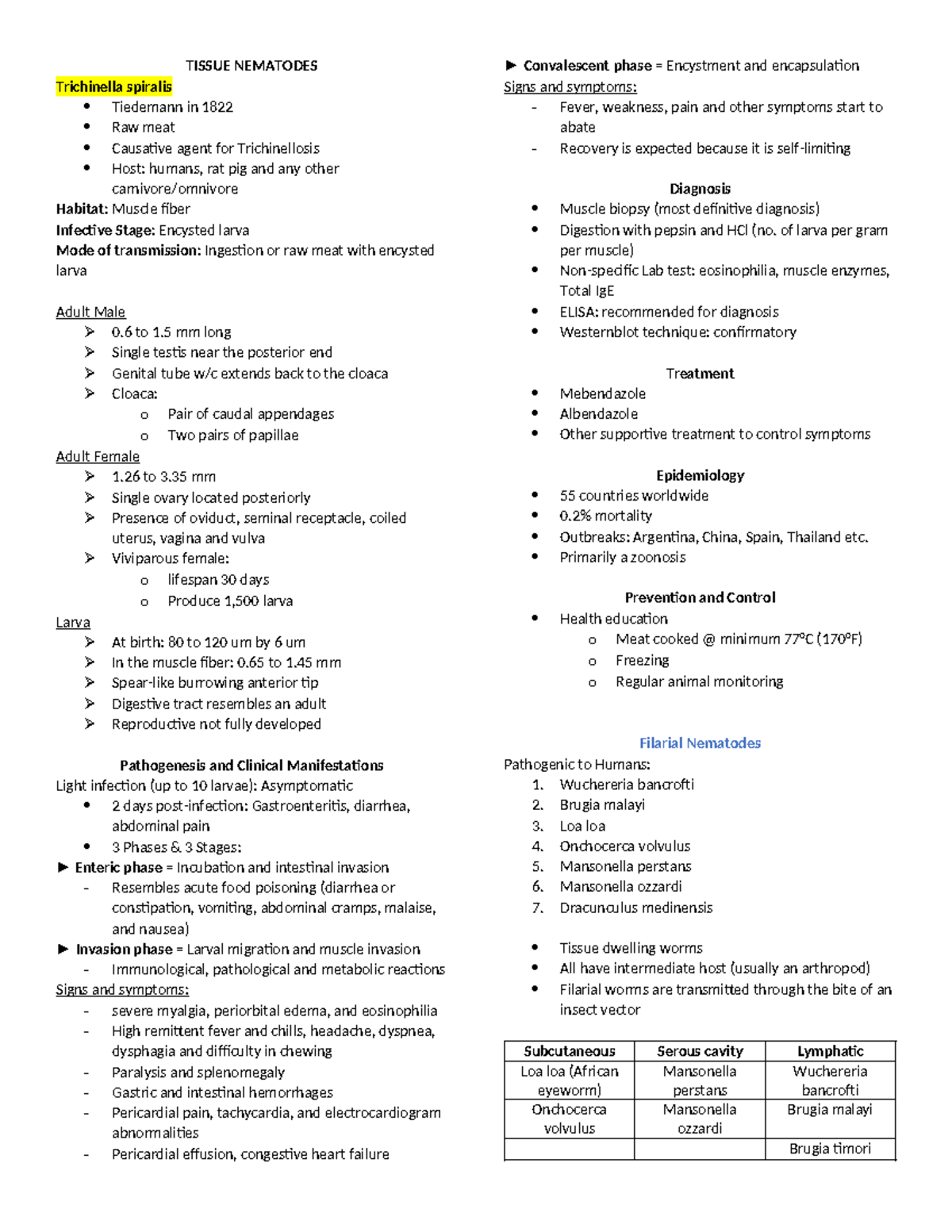Tissue Nematodes - notes - TISSUE NEMATODES Trichinella spiralis ...
