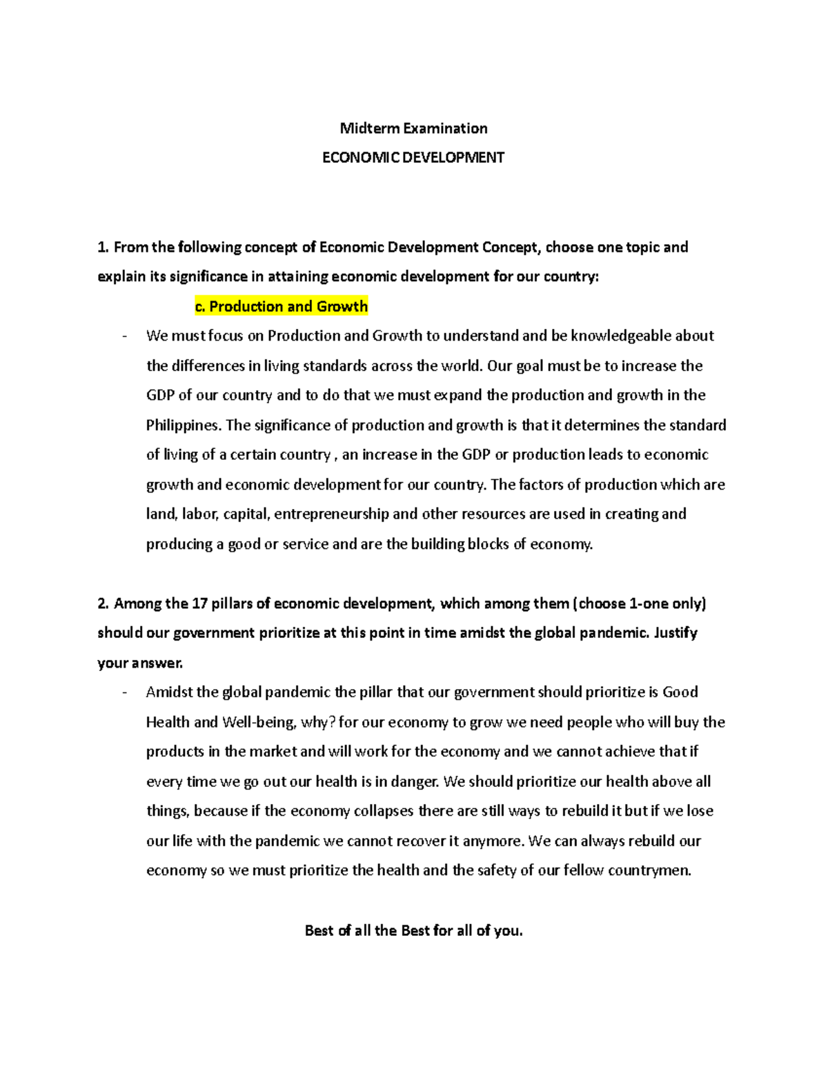 Economic Analysis MT lecture - Midterm Examination ECONOMIC DEVELOPMENT ...