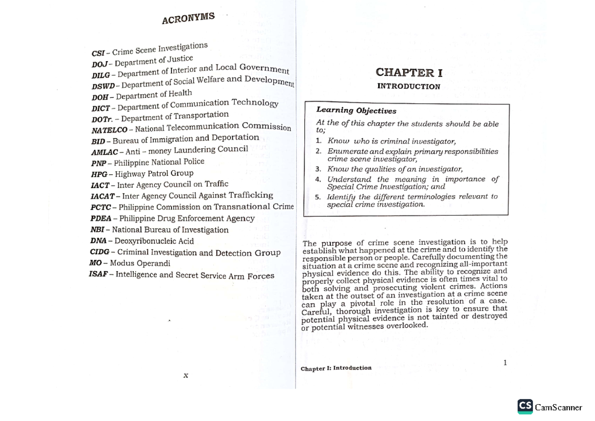 CDI 3 Chapter 1 AND 2 - Additional information - ACRONYMS CSI Crime Scene Investigations DOJ ...