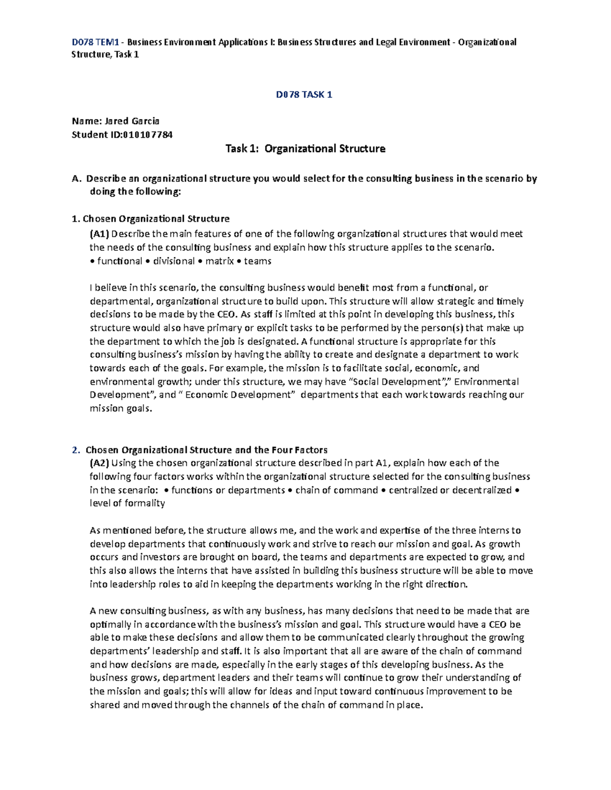 D078 - Task 1 - Passed first attempt - D078 - WGU - Studocu