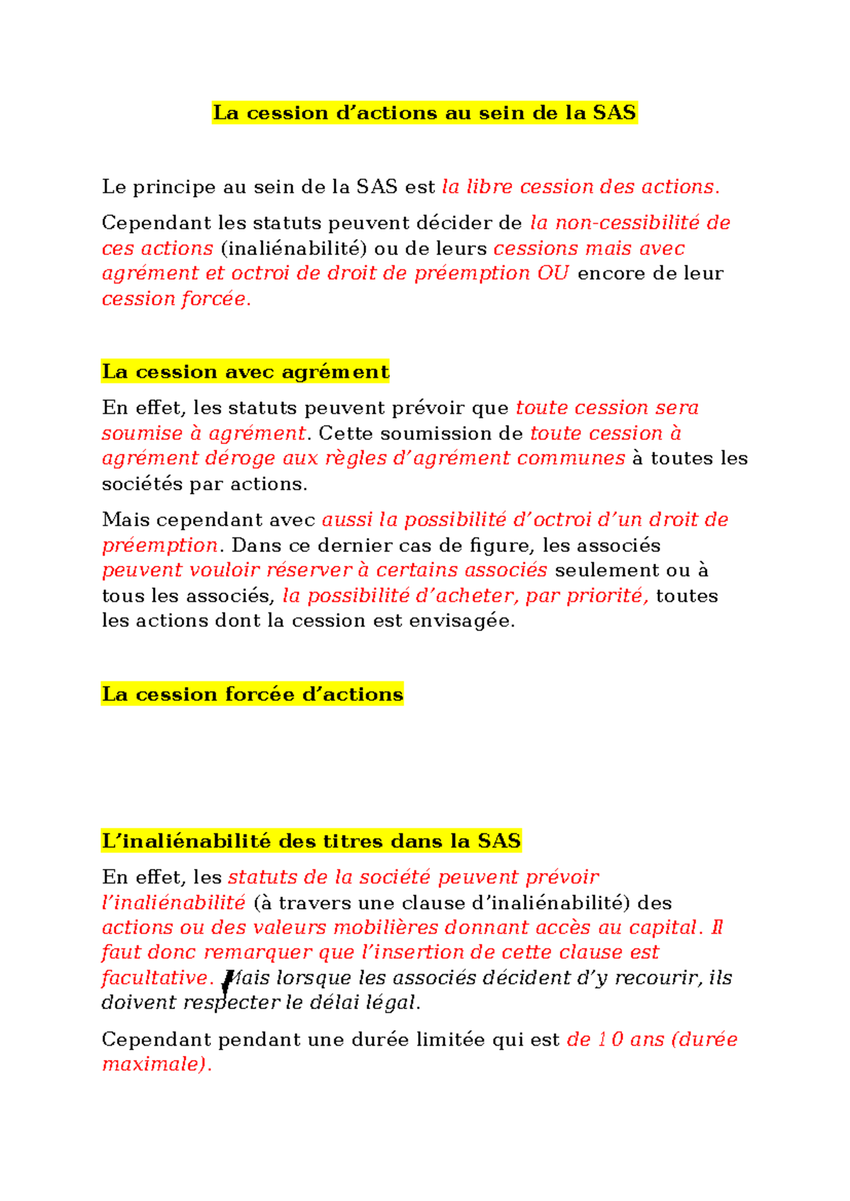 4.La cession d'actions dans la SAS - La cession d’actions au sein de la SAS Le principe au sein ...