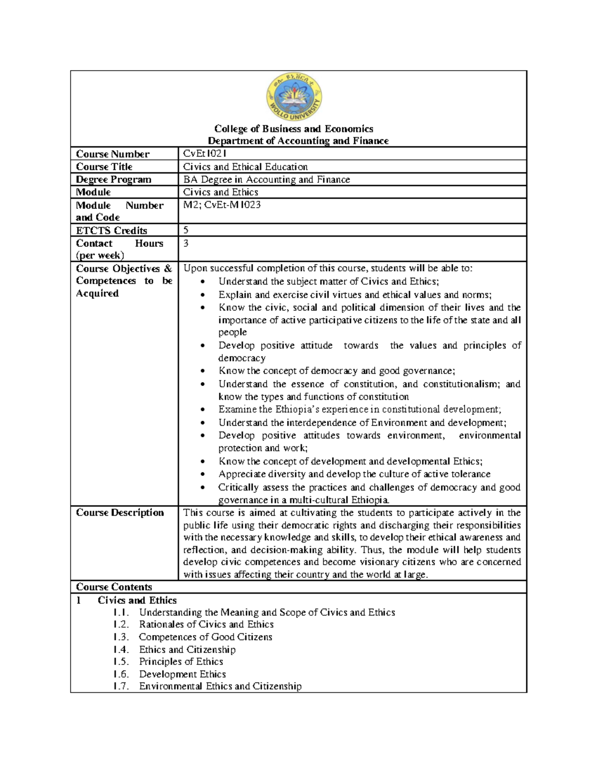 Course outline 424091289 Civics and Ethical Education - College of ...