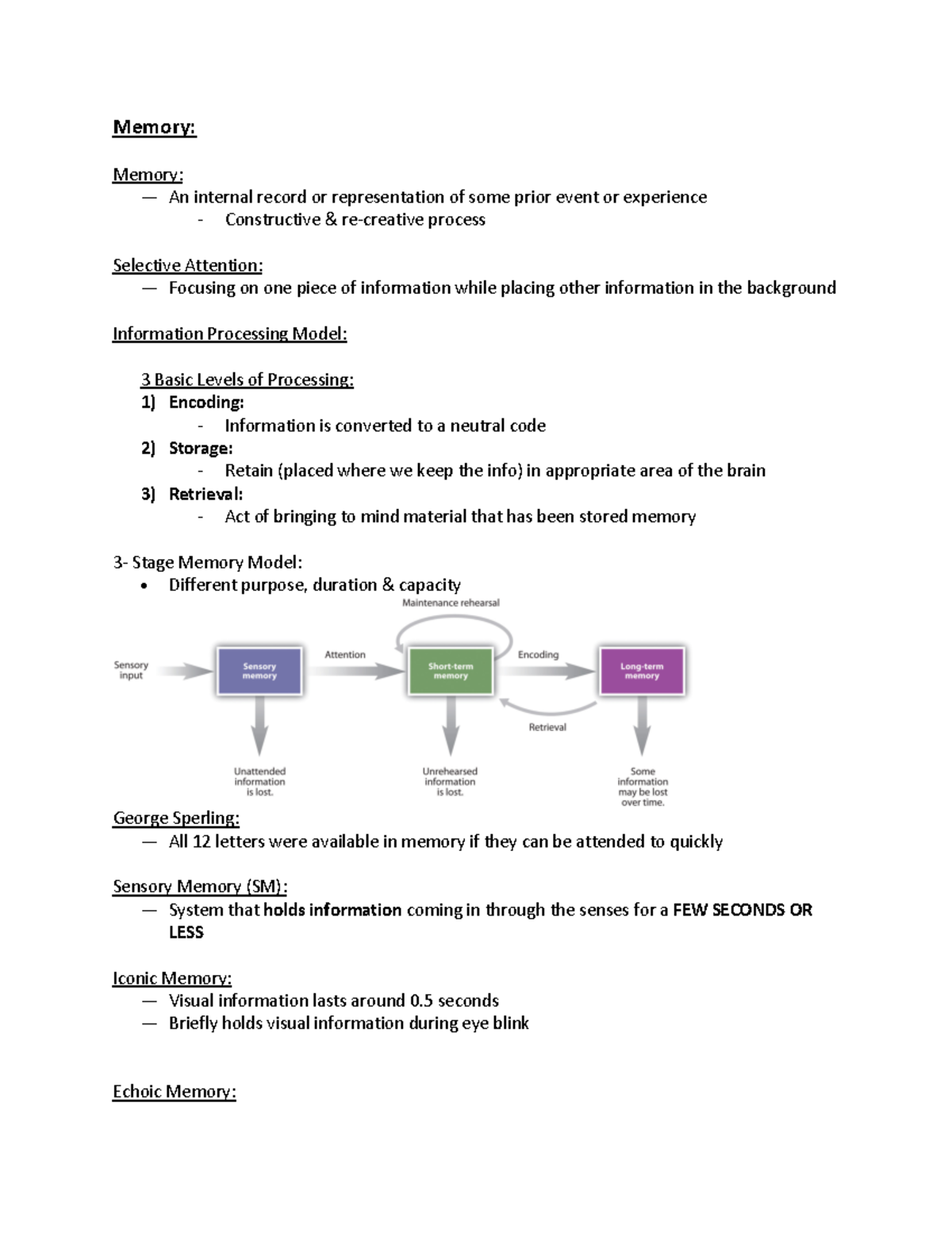 Intro to Psychology Chapter 4 Notes - Memory: Memory: — An internal ...