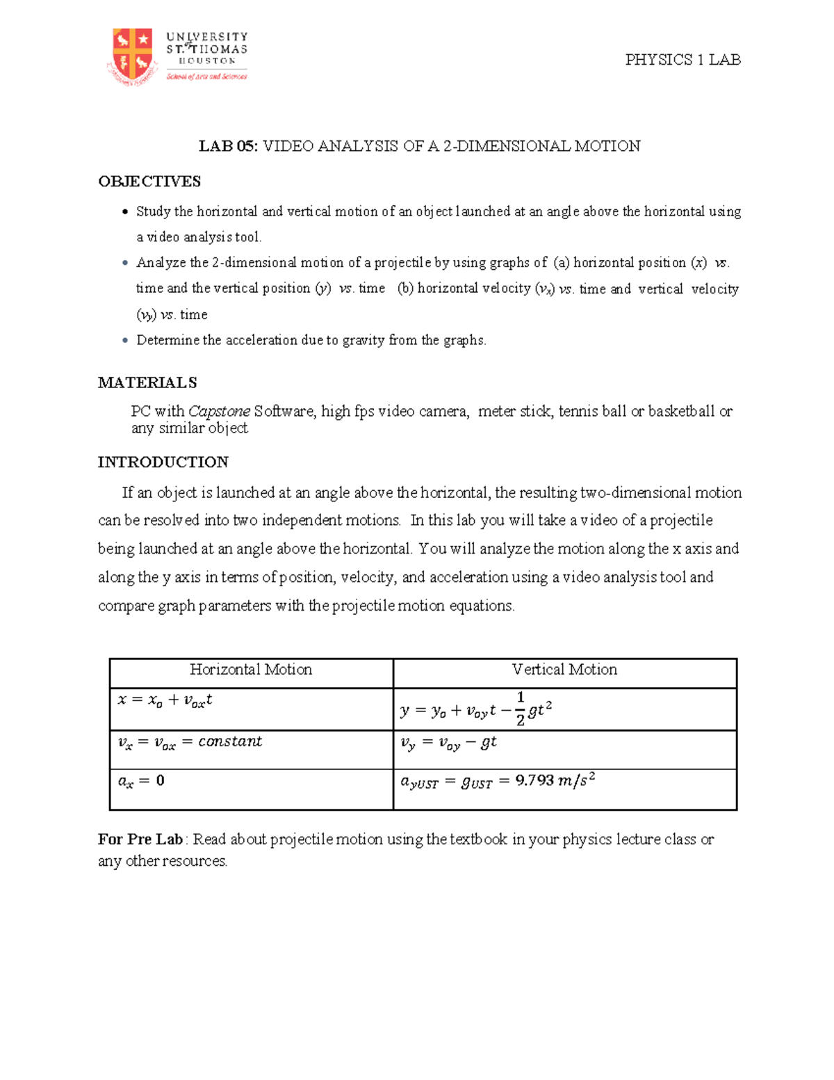 Lab 5 - lab 5 - LAB 05: VIDEO ANALYSIS OF A 2-DIMENSIONAL MOTION ...