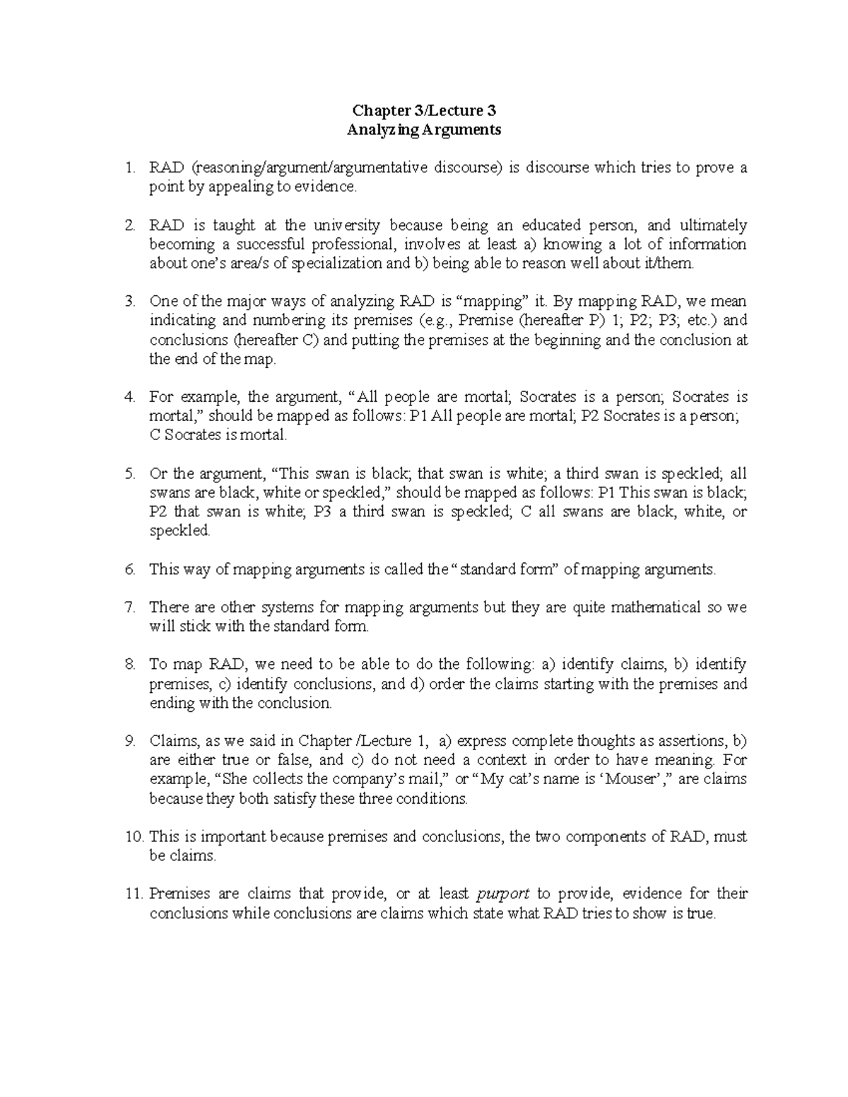 Chapter 3 - Lecture Notes - Chapter 3/Lecture 3 Analyzing Arguments RAD ...