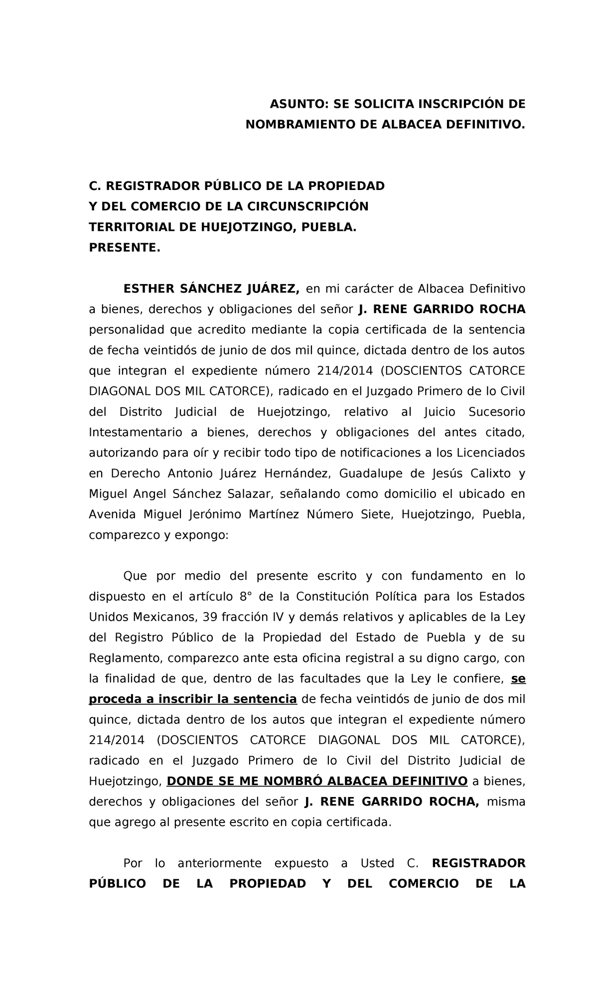Escrito Inscripcion Nombramiento DE Albacea- Lic Julieta - ASUNTO: SE ...