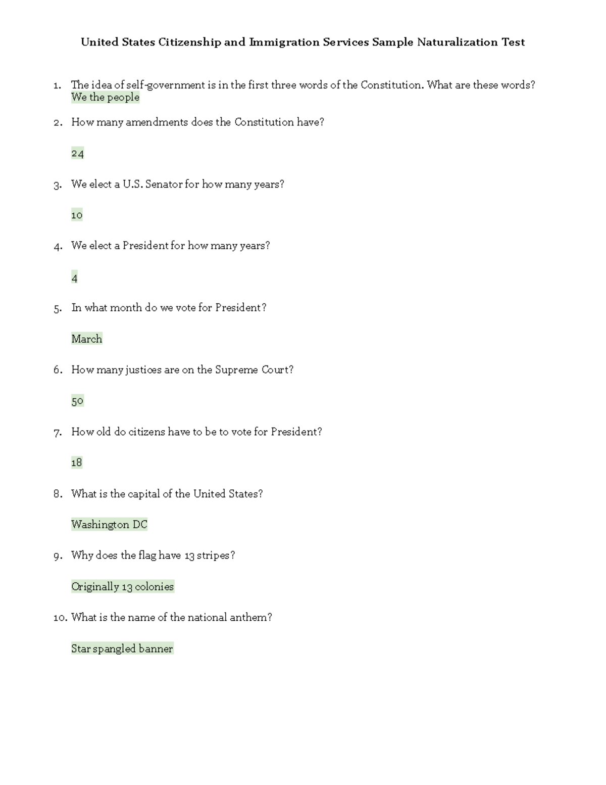 MCHS Civics Citizenship Test worksheet - United States Citizenship and ...