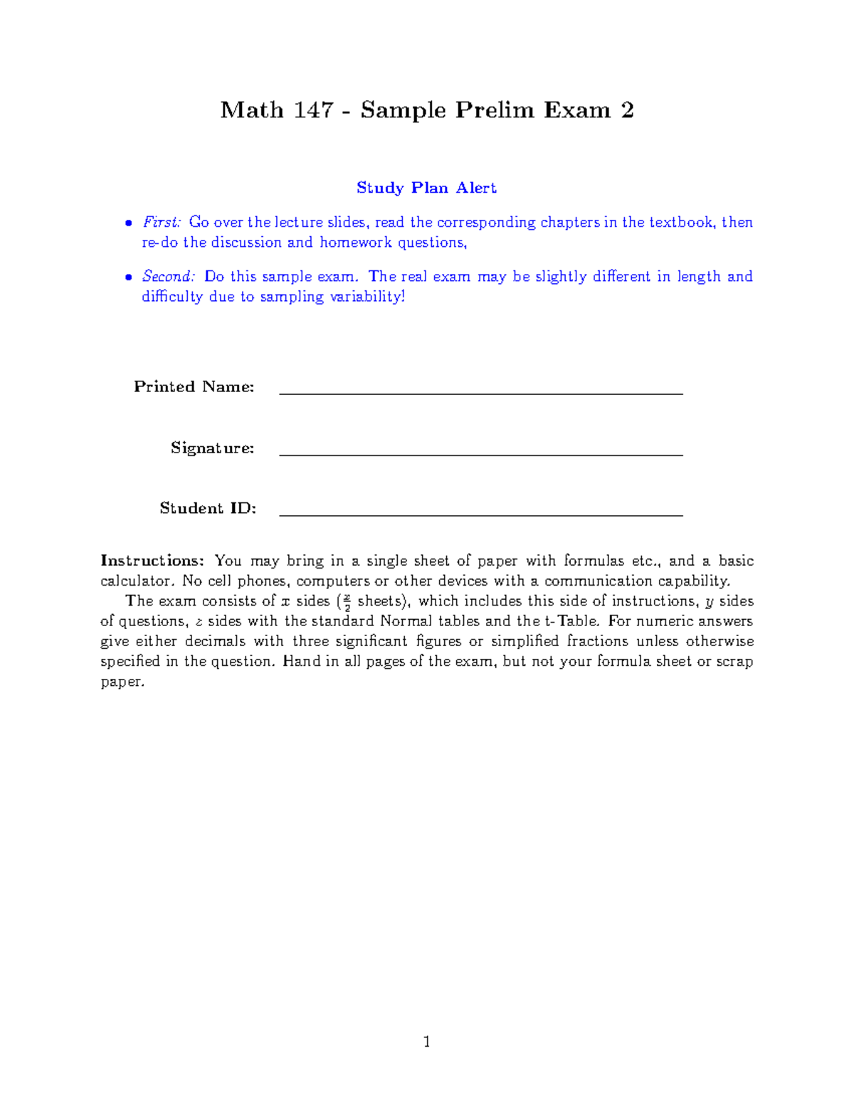 Sample Prelim Exam2 Solutions - Math 147 - Sample Prelim Exam 2 Study ...