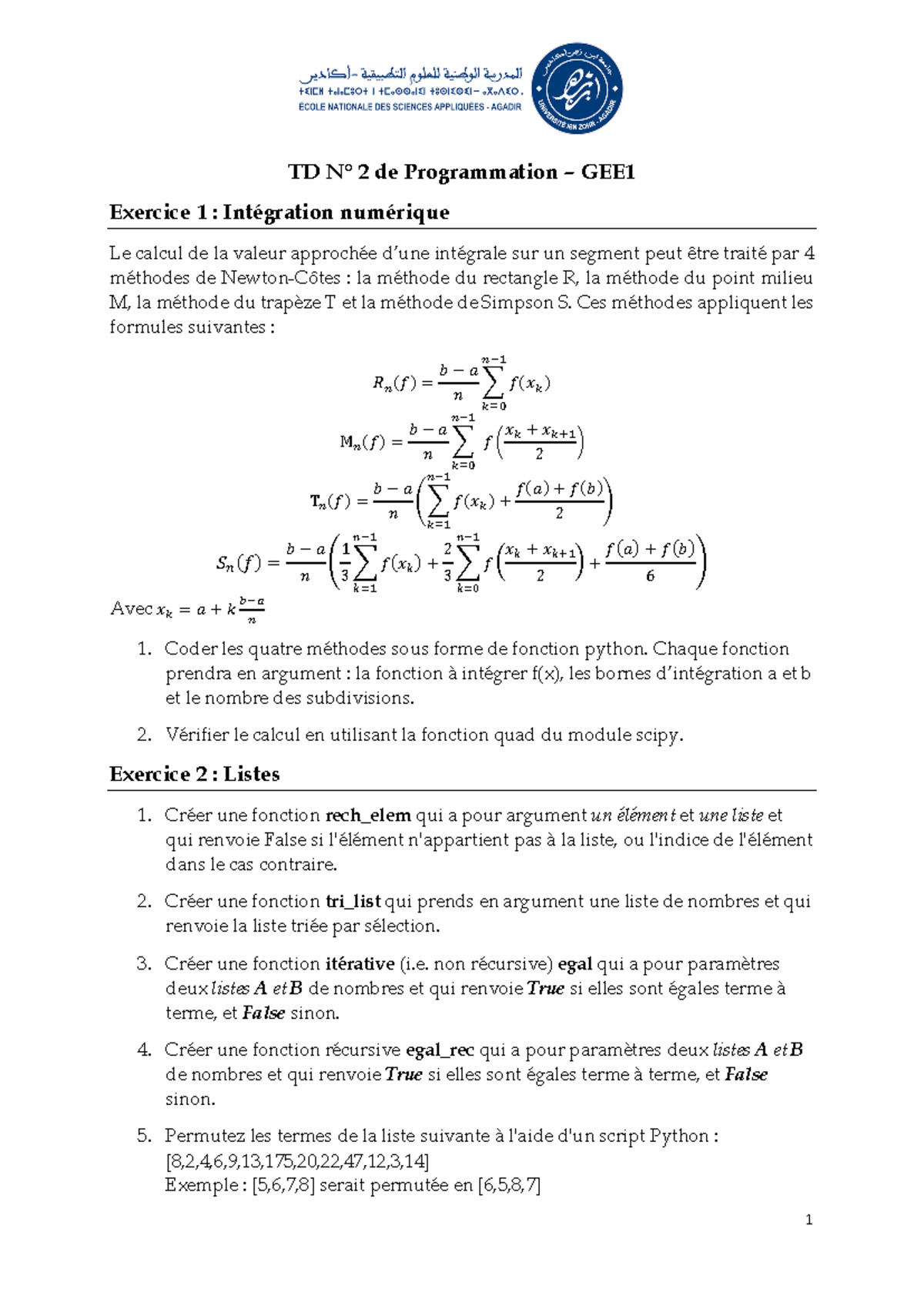 TD 2 - TD programmation Python - TD N° 2 de Programmation – GEE Exercice 1 : Intégration ...