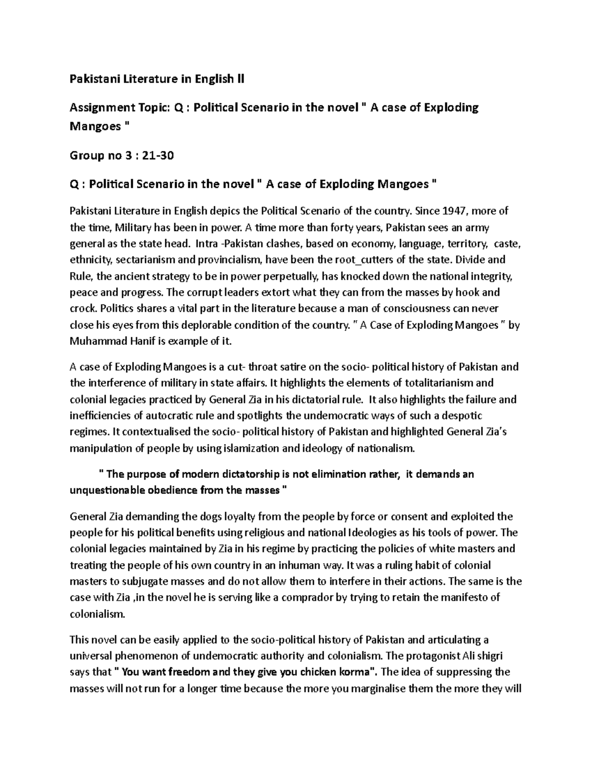 Political scenario in the novel - Since 1947, more of the time ...