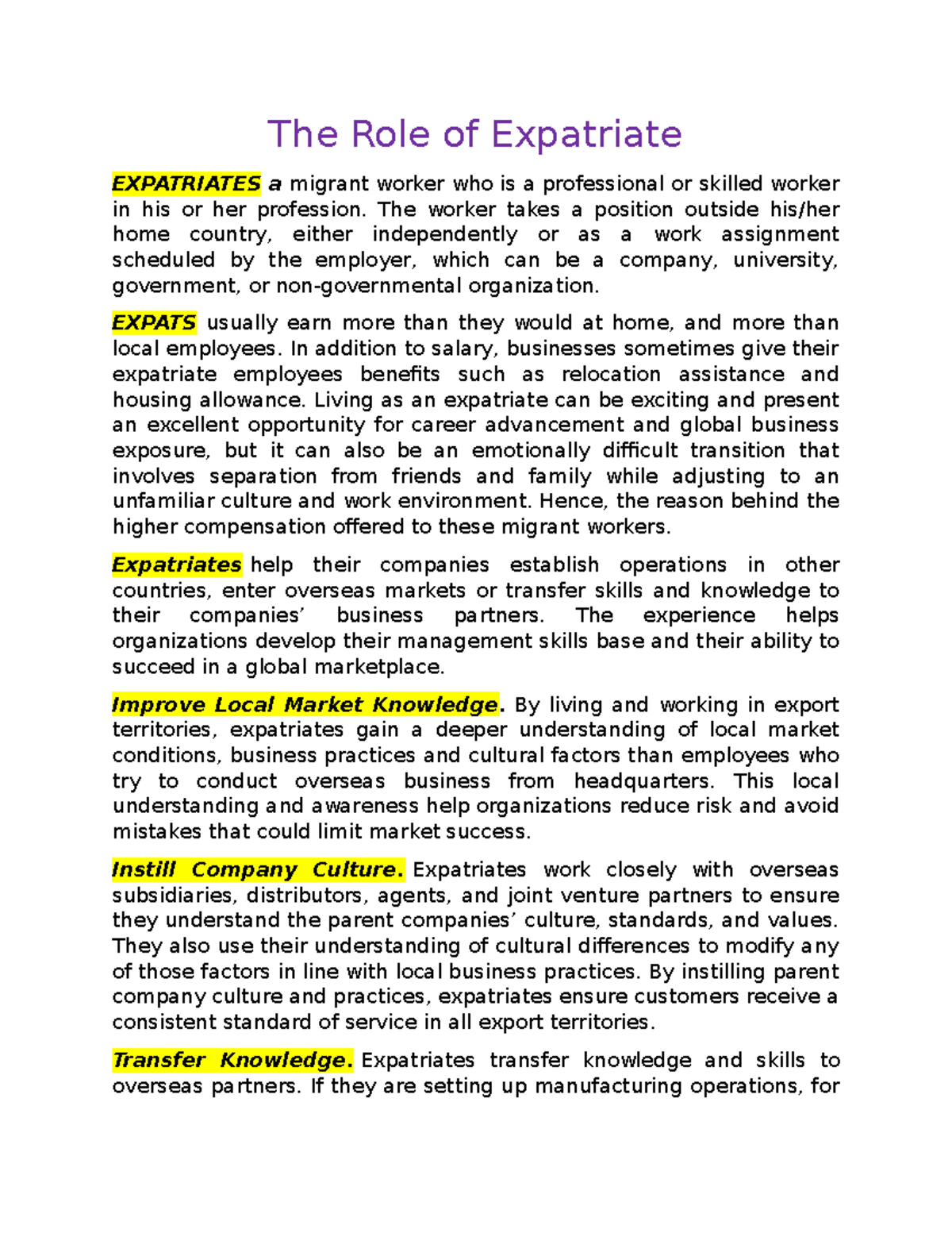 The Role of Expatriate - mrooms guide - Multicultural Diversity - Studocu