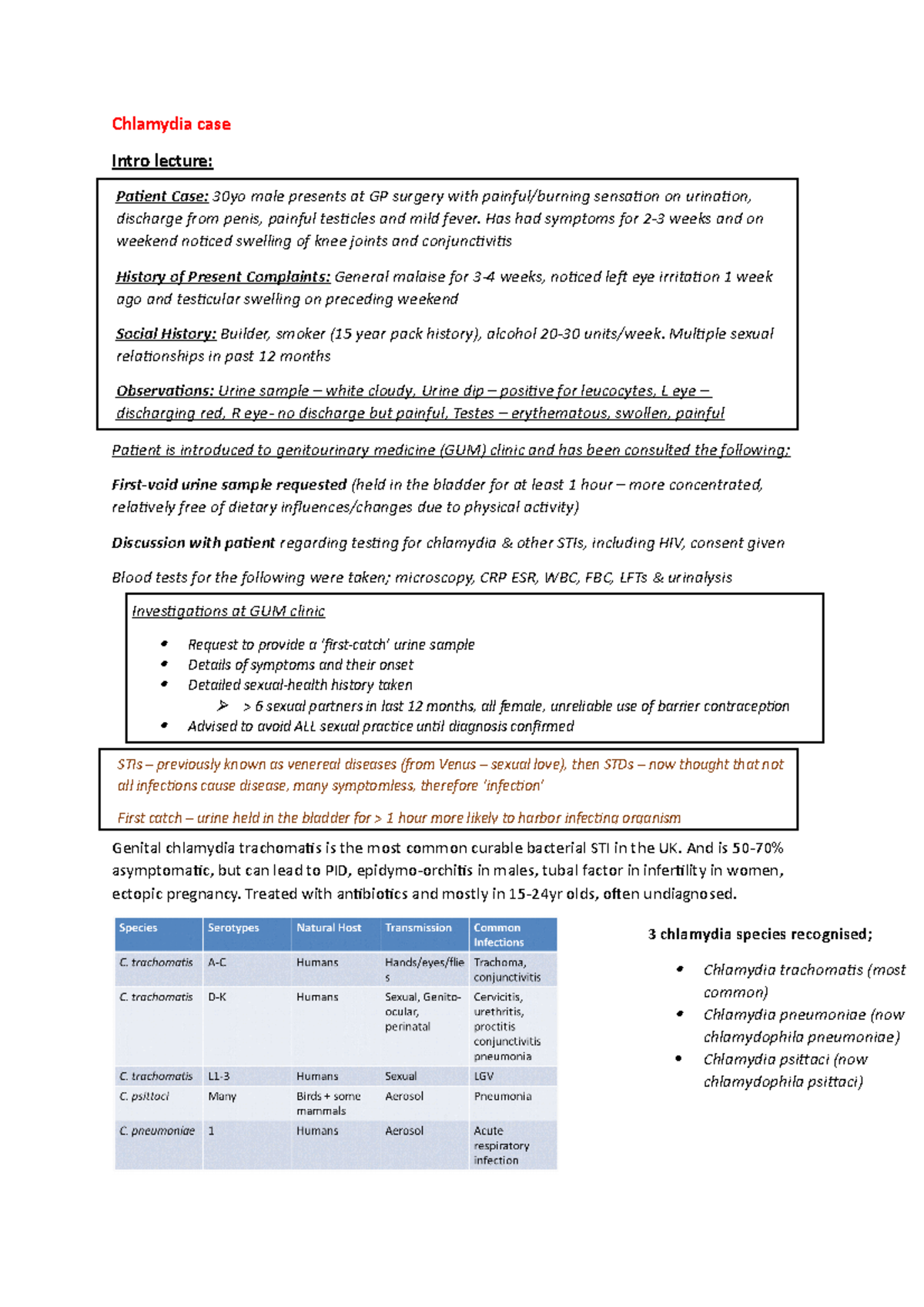 Chlamydia case notes - Chlamydia case Intro lecture: Patient is ...