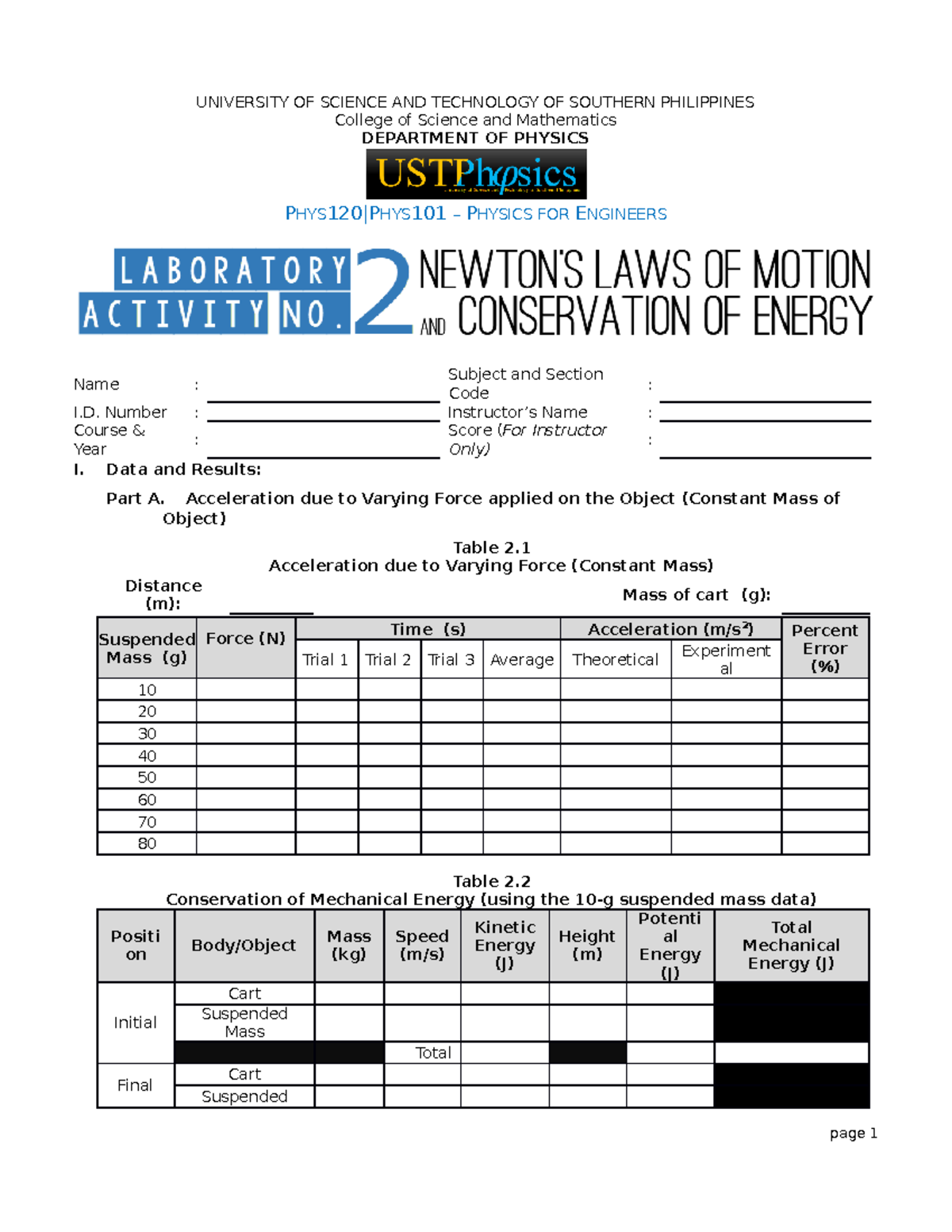 Phys120 Laboratory Report for Acitvity No - BS in Civil Engineering ...