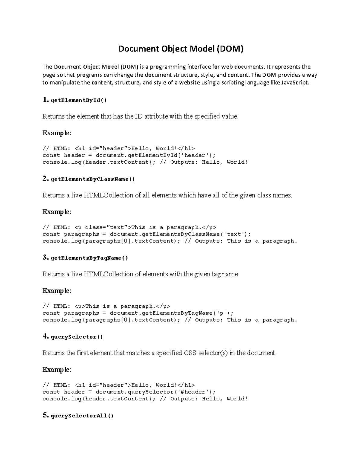 F2DOM NOTES FOR - Document Object Model (DOM) The Document Object Model ...