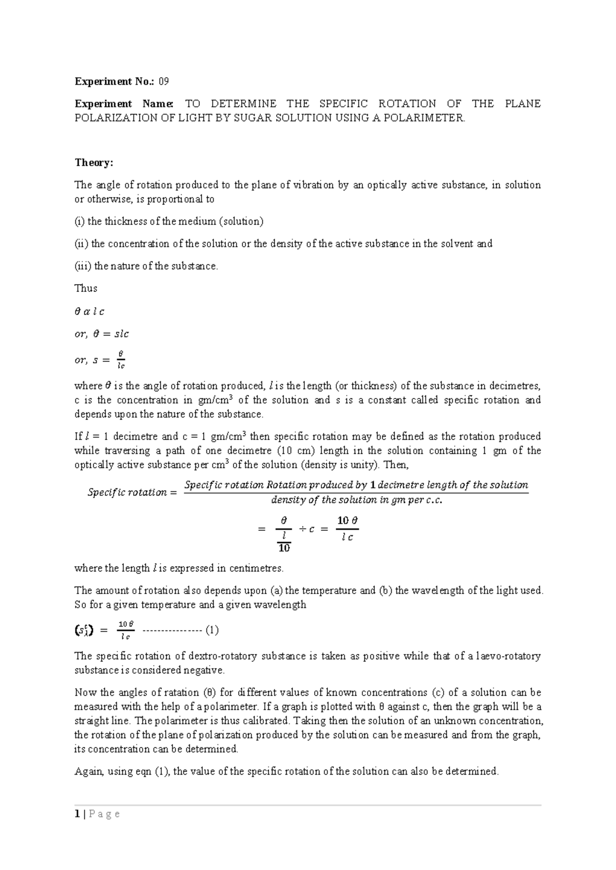 9.specific rotation - Experiment No.: 09 Experiment Name: TO DETERMINE ...