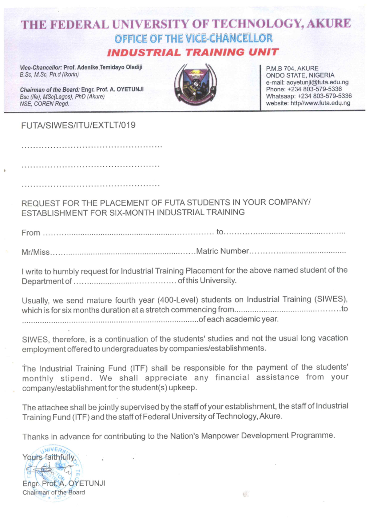 ITF Letter SCAN-1 - For IT students - THE FEDERAL UNIVERSITY OF TECHNOLOGY, AKURE OFFICE OF THE ...