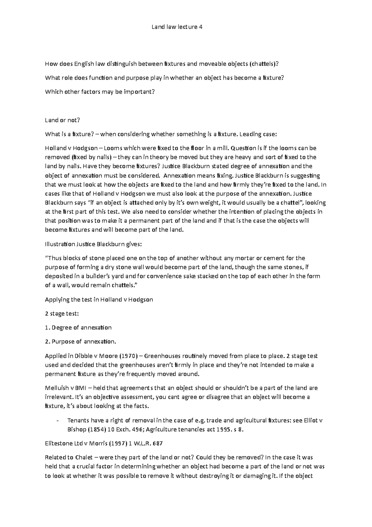 Land Law lecture 4 - Fixtures and Chattels - Land law lecture 4 How ...