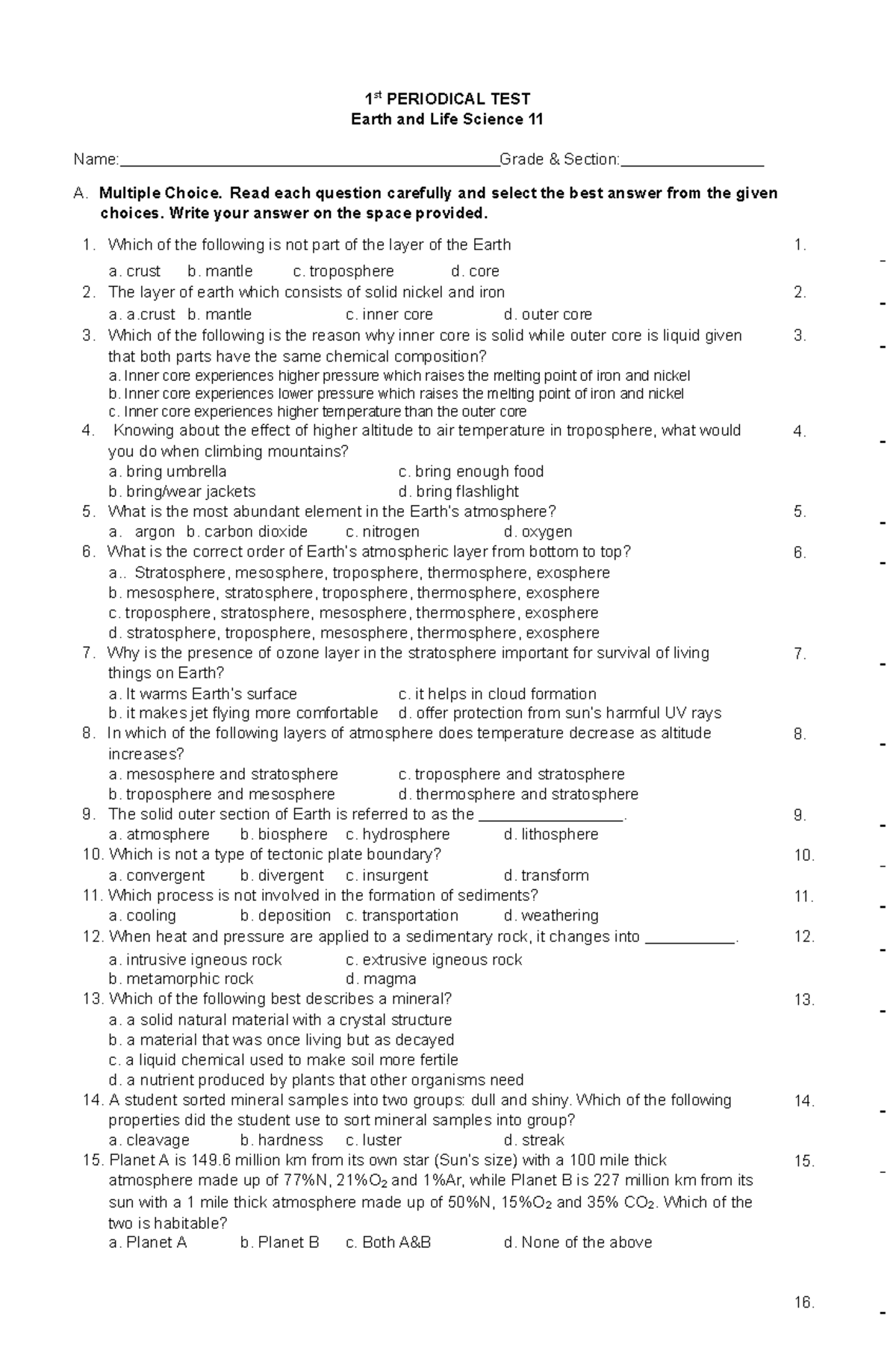 1 periodical test earth and life science 11 - 1 st PERIODICAL TEST ...