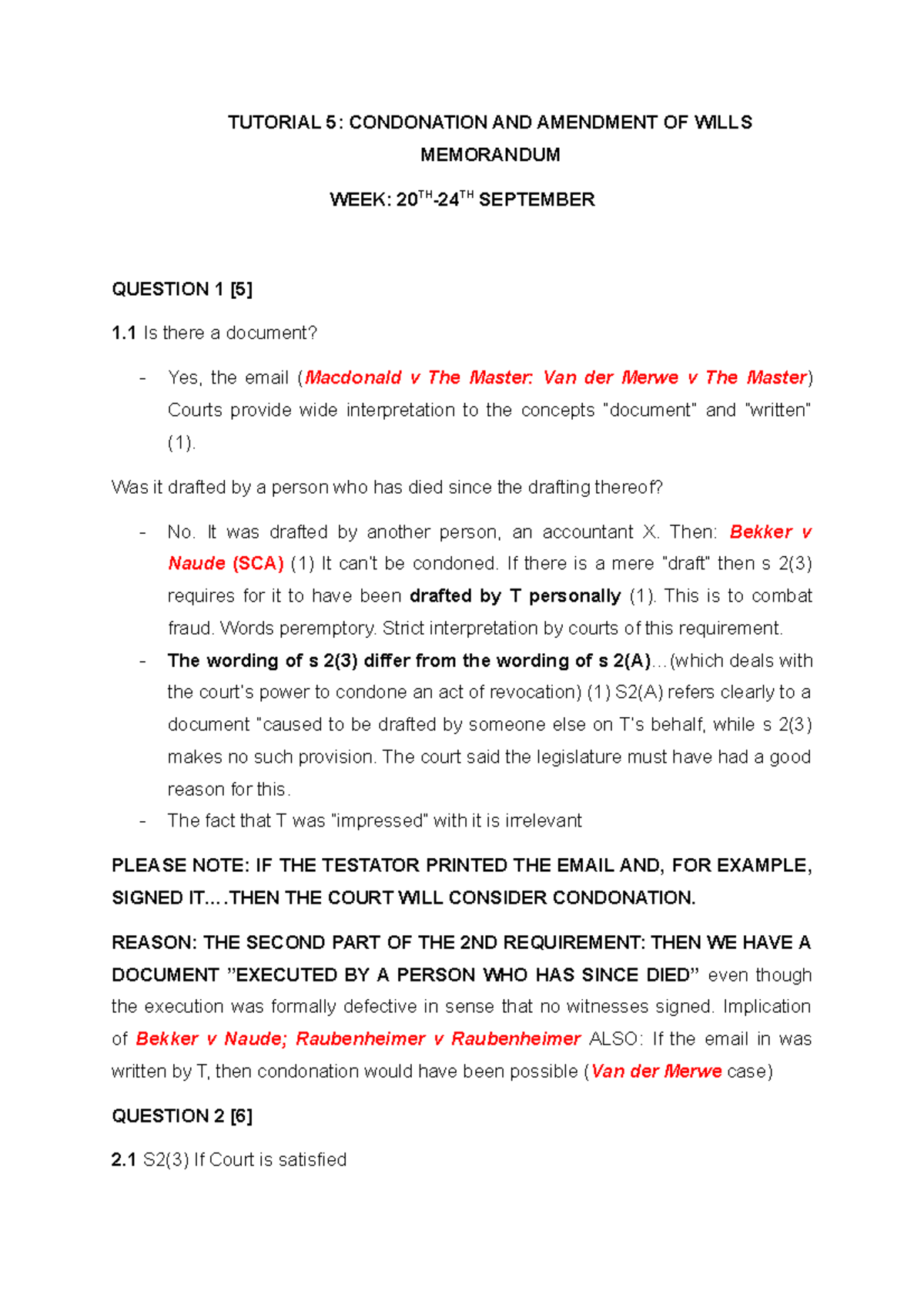 Tutorial 5 Memorandum Provided By Lecturer Tutorial 5 Condonation And Amendment Of Wills