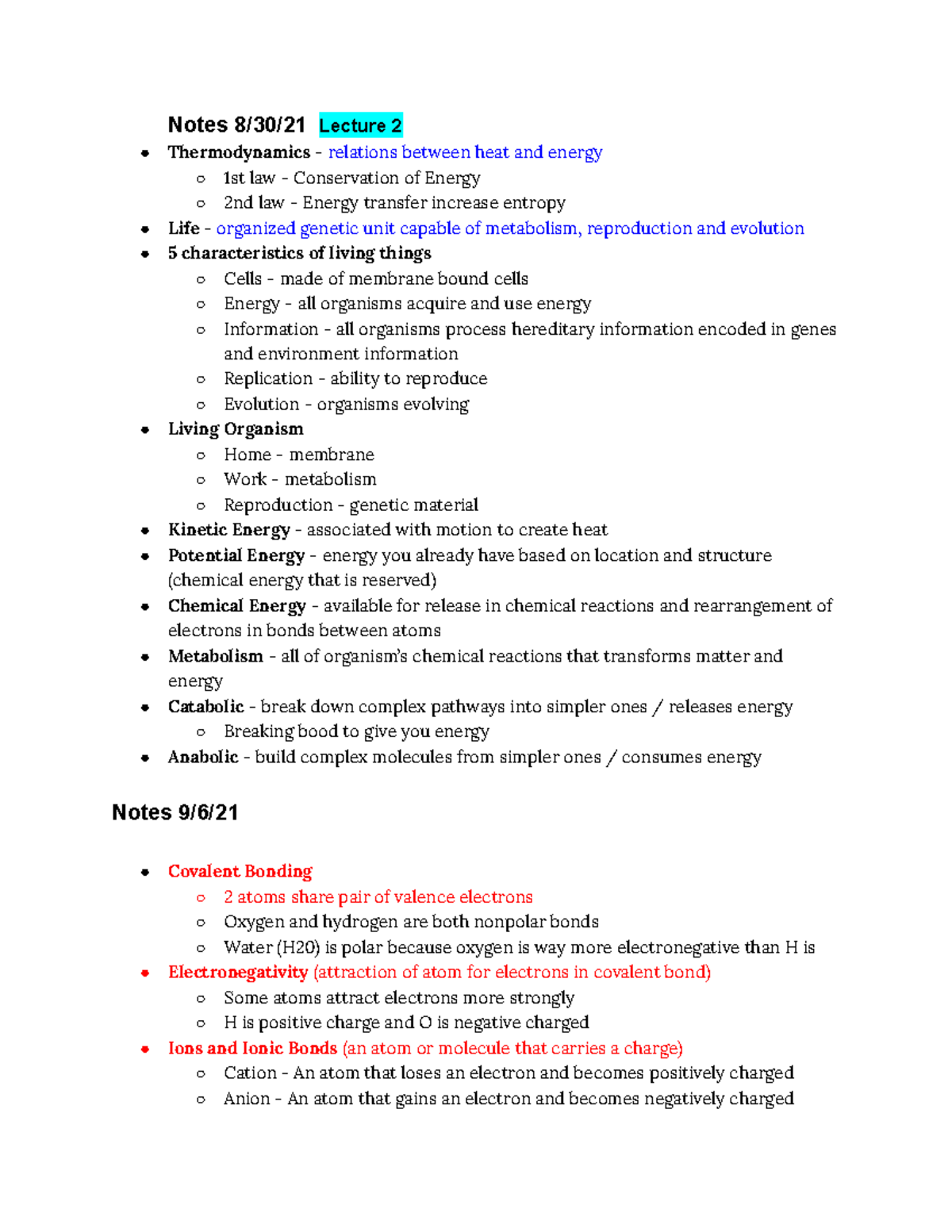 Bio Notes Unit 1 - Notes 8/30/21 Lecture 2 Thermodynamics - relations ...