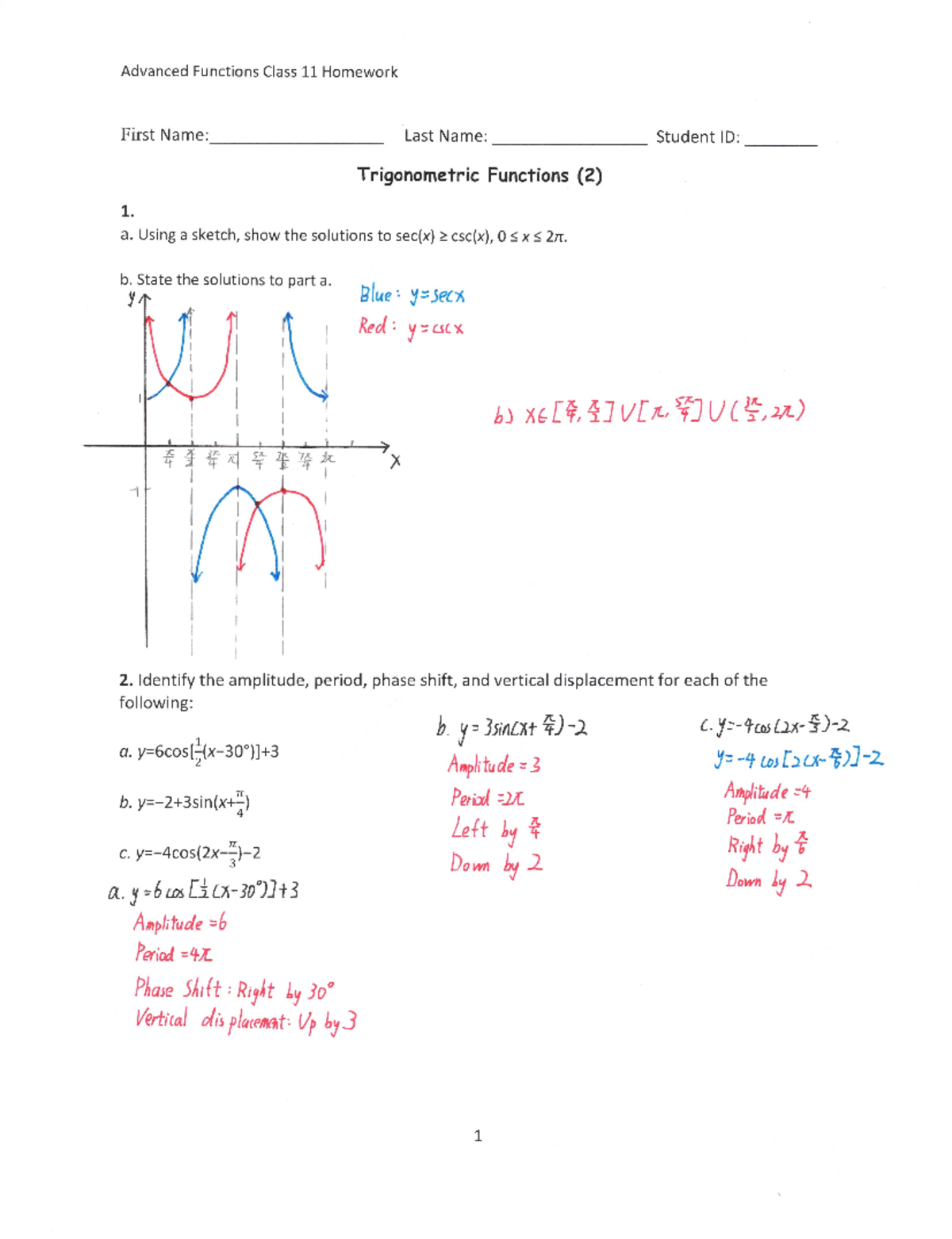 Class 11 Advanced Functions HW Answer Key - Advanced Functions Class 11 ...