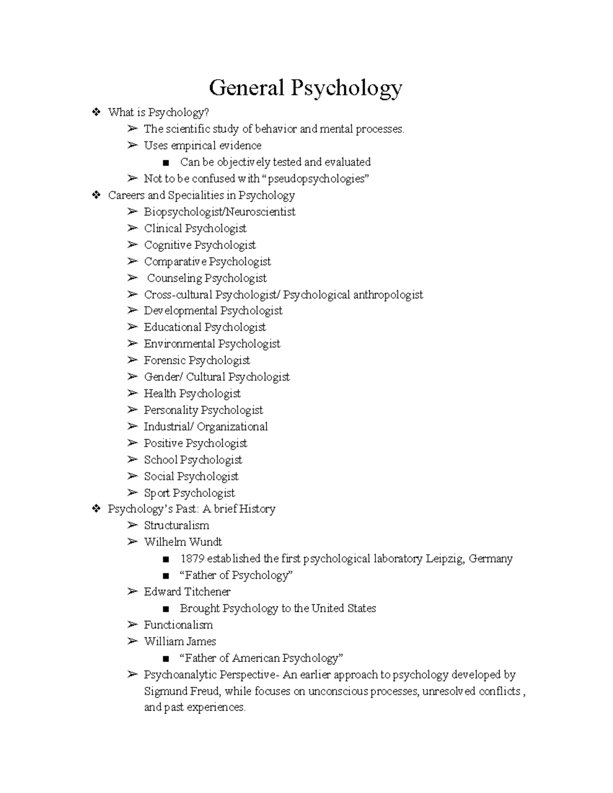 General Psychology - Lecture notes all - General Psychology What is ...